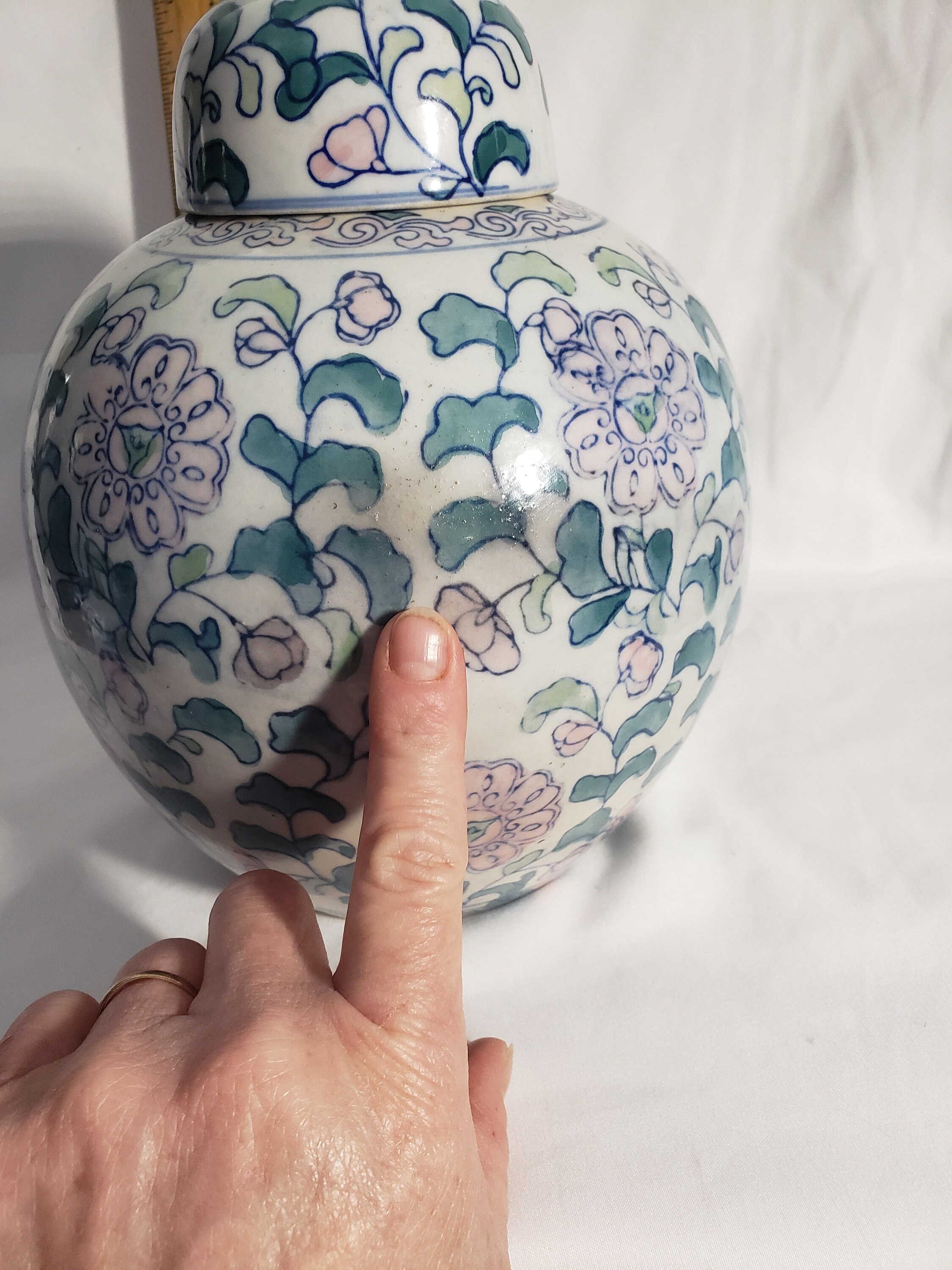 Chinese Chinoiserie Pink, Green and Floral Lotus Ginger Jar Stamped ...