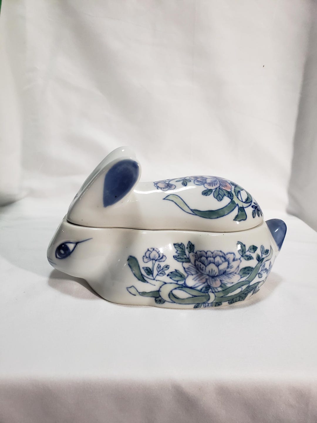 Vintage Chinoiserie Pastel Bunny Rabbit Lidded Trinket Dish Handpainted ...
