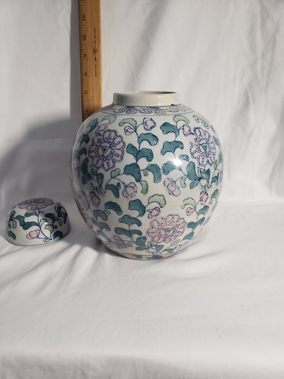 Chinese Chinoiserie Pink, Green and Floral Lotus Ginger Jar Stamped ...