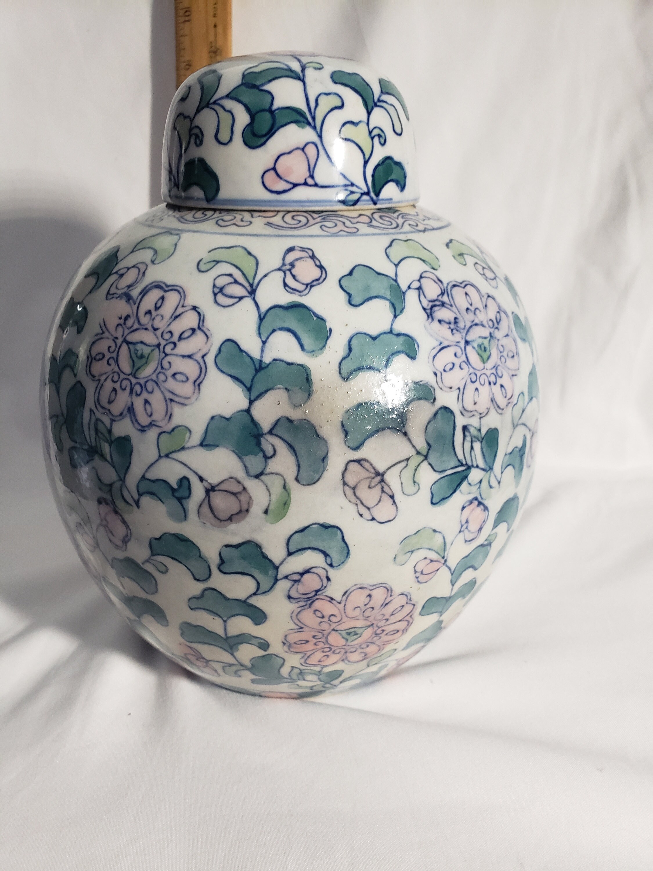 Chinese Chinoiserie Pink, Green and Floral Lotus Ginger Jar Stamped ...