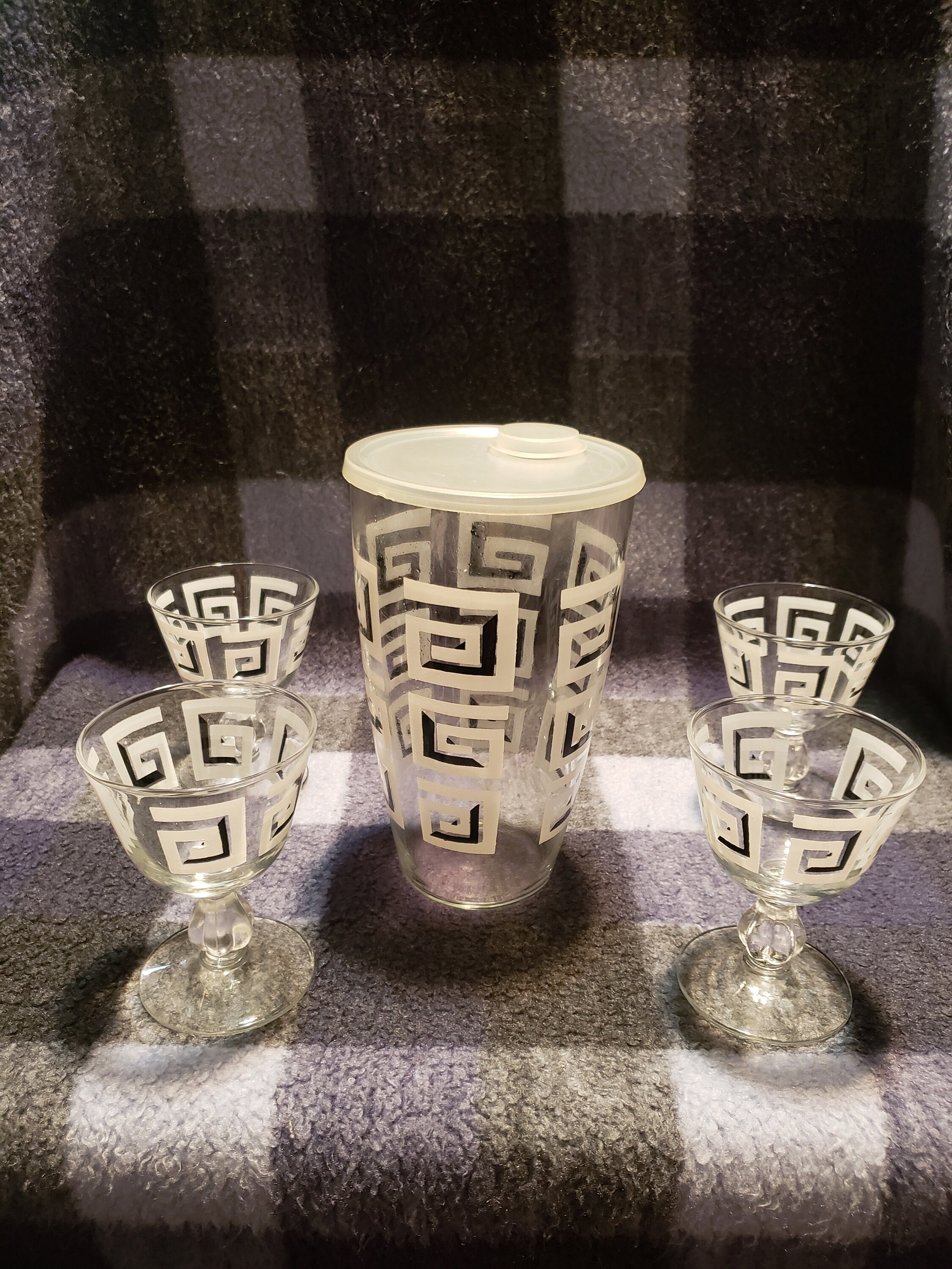 Retro MCM Atomic Black and White Cocktail Shaker Libby Glass Greek Key ...