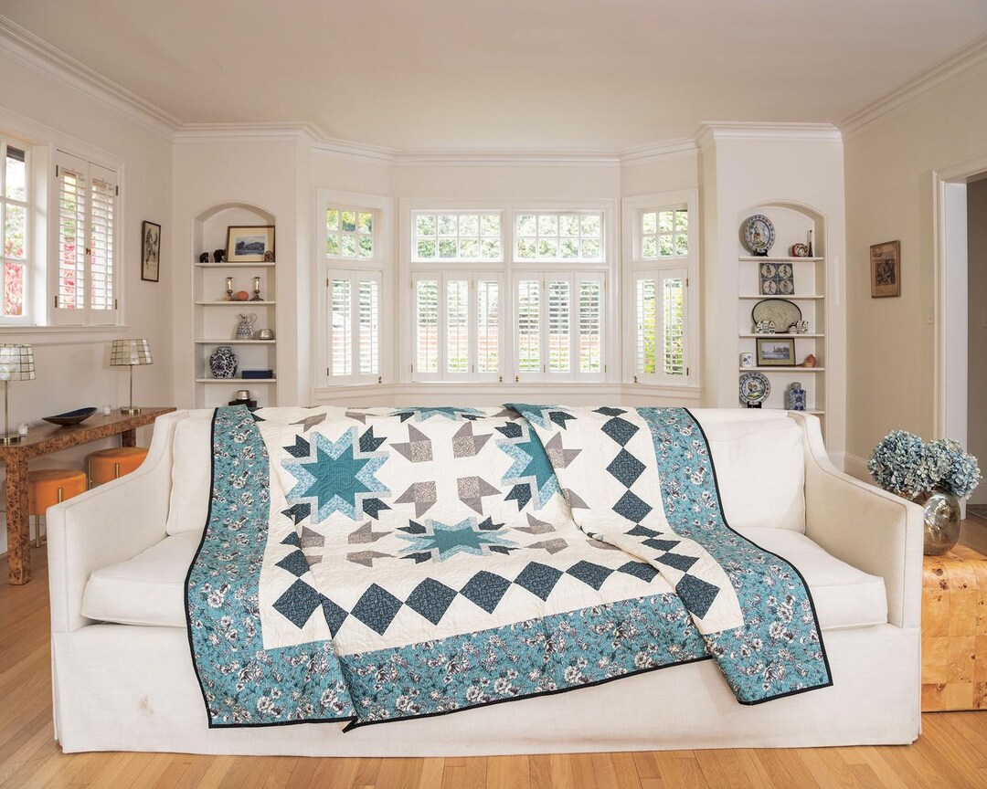 Family Treasures King Size Quilt Pattern - 97" Square Star Design With Blue and Gray Traditional ...