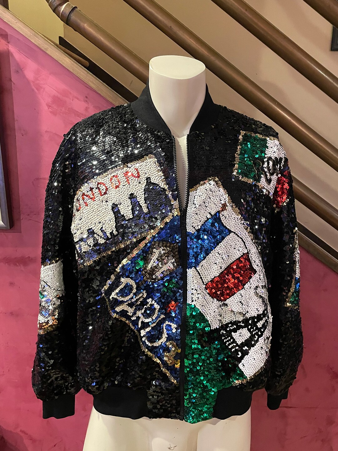 Vintage 80s 90s I.B. Diffusion Sequin Bomber Travel Theme London Paris ...