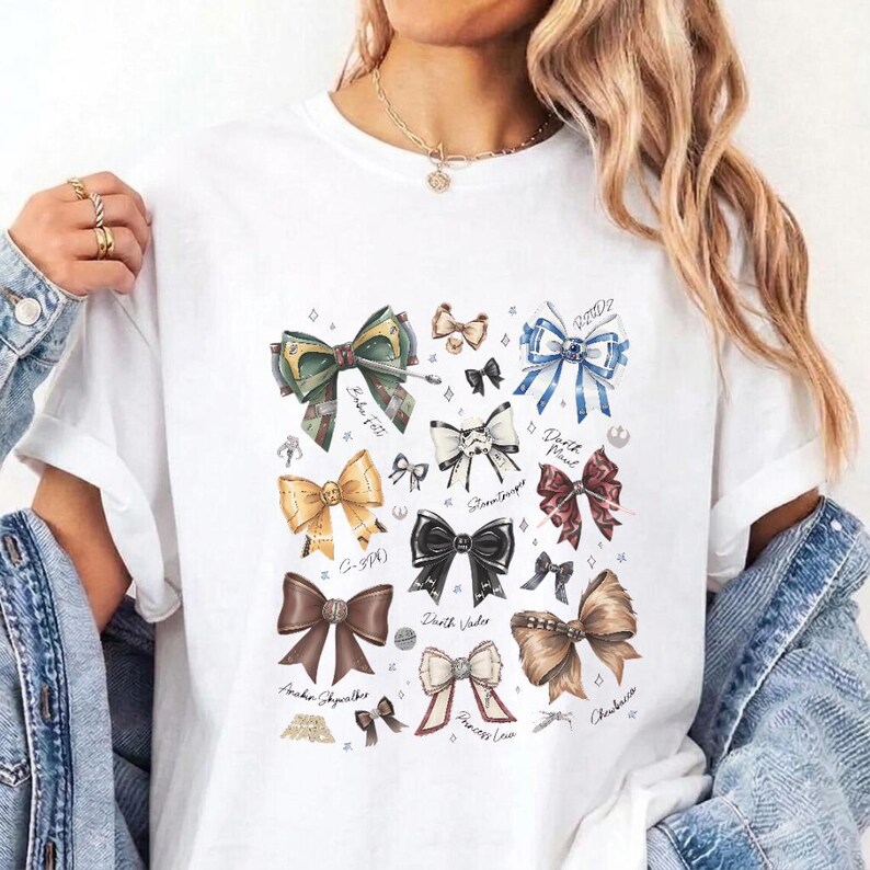 Star Wars Characters Bow T-shirt, Cute Geeky Graphic Tee, Darth Vader ...