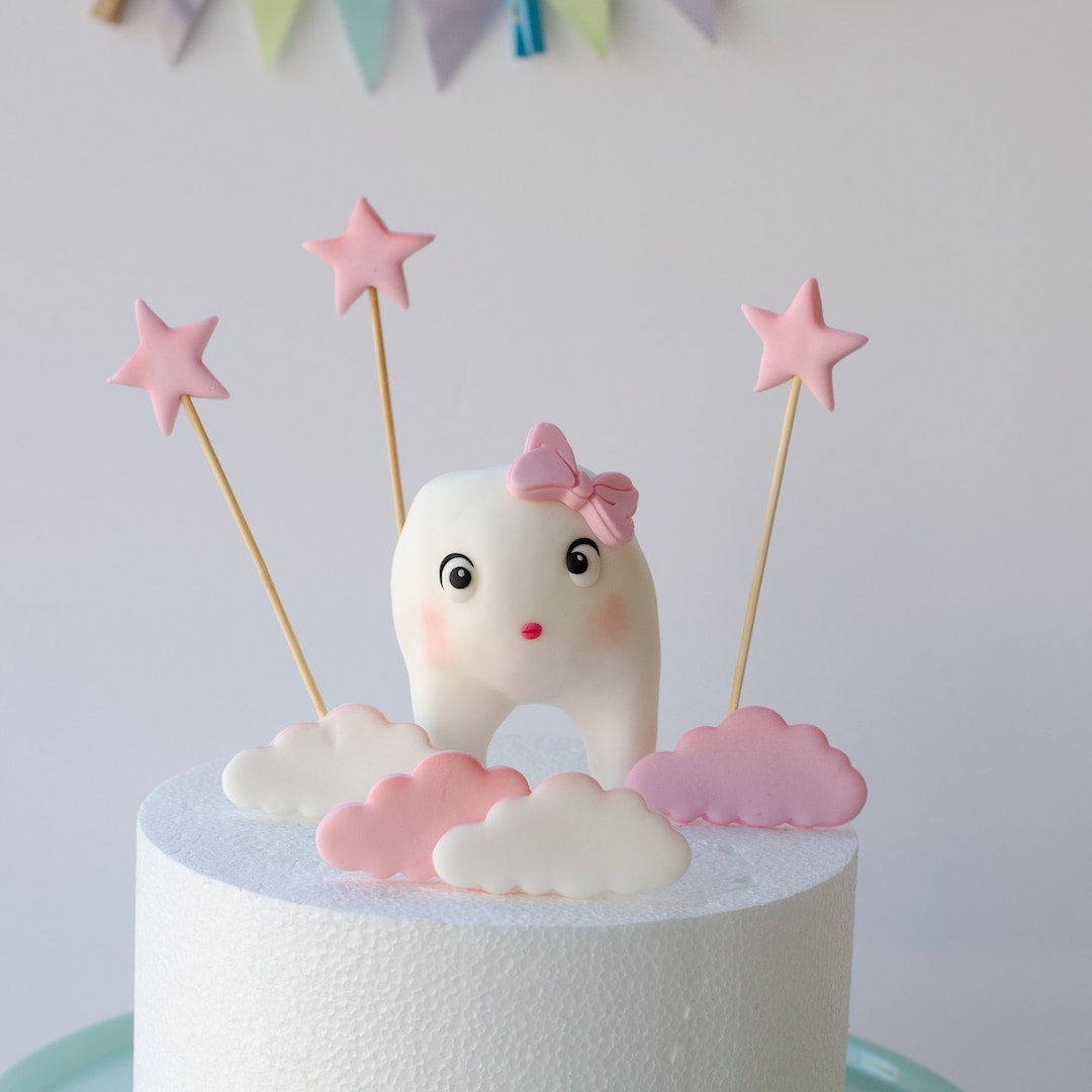 First Tooth Cake Decoration, Baby First Tooth Party Cake, Fondant First ...