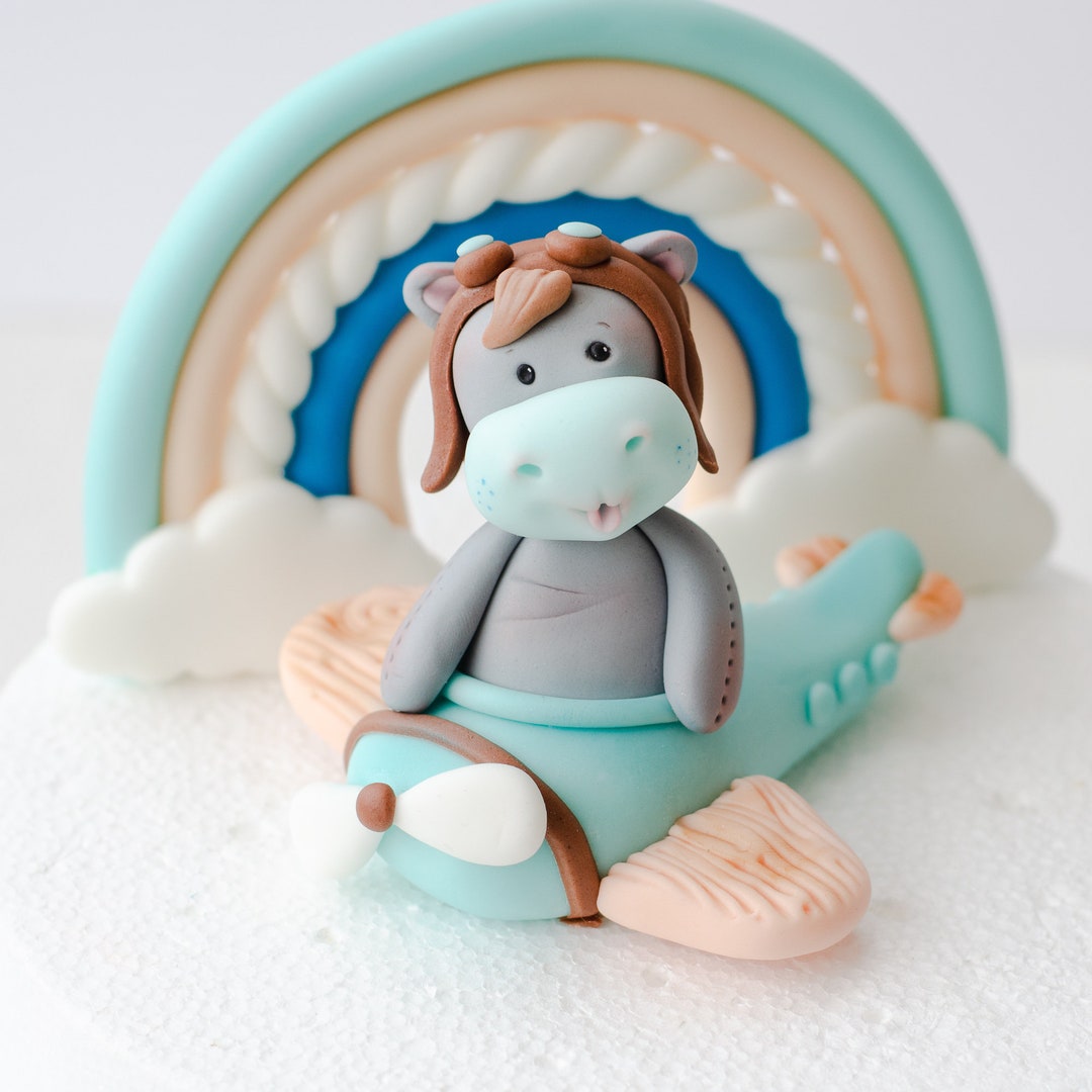 Plane Cake Topper With Aviator Baby Hippo, Fondant Hippo Pilot Cake ...