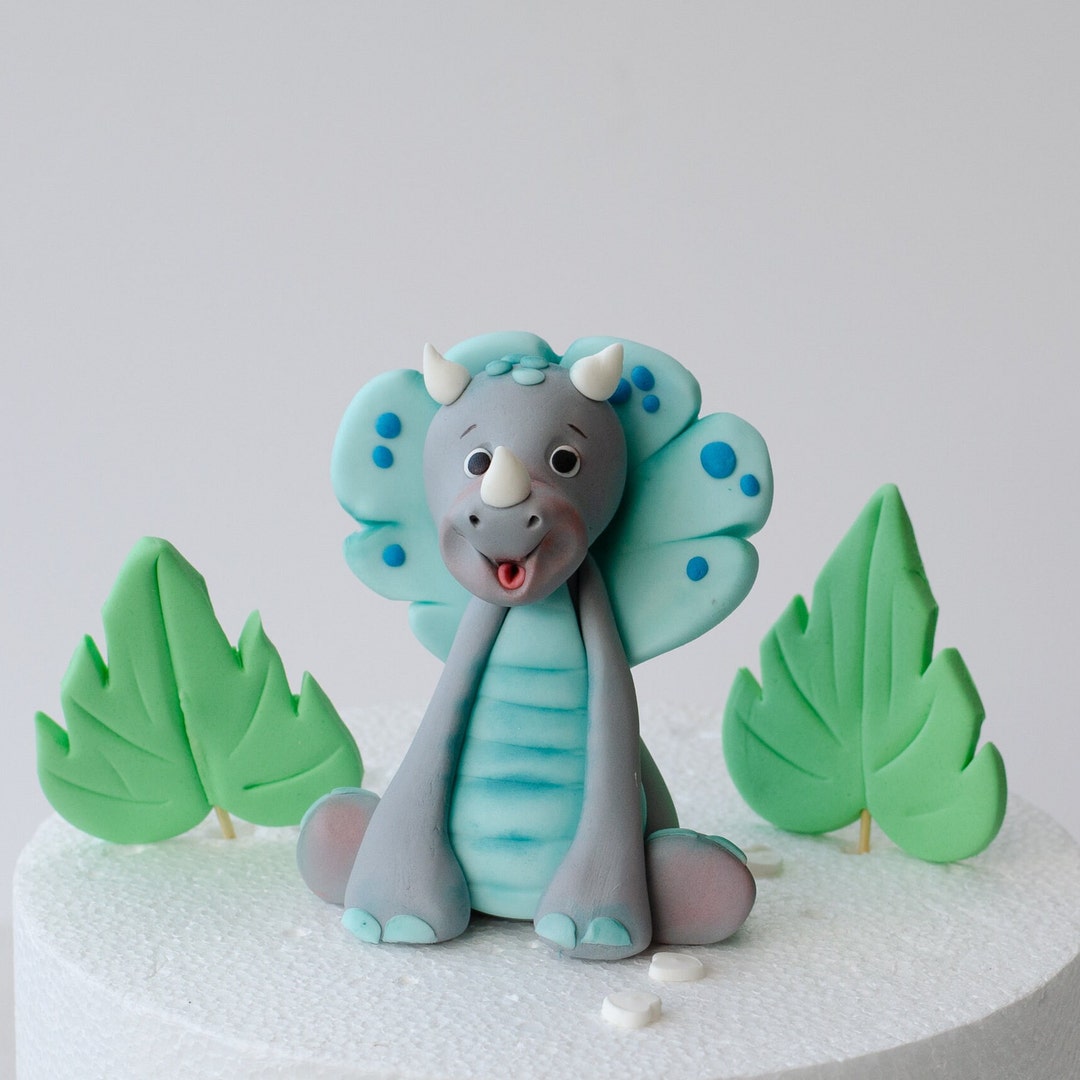 Blue Fondant Dinosaur Cake Topper, Cute Triceratops Boy Birthday Cake ...