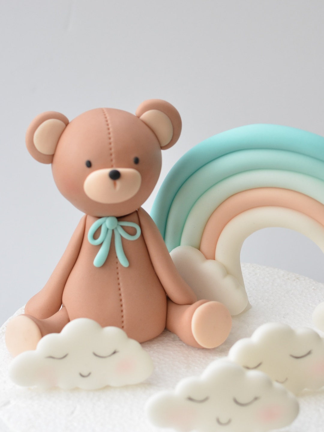Teddy Bear Cake Topper, Rainbow Cake Topper, Fondant Clouds, Baby ...