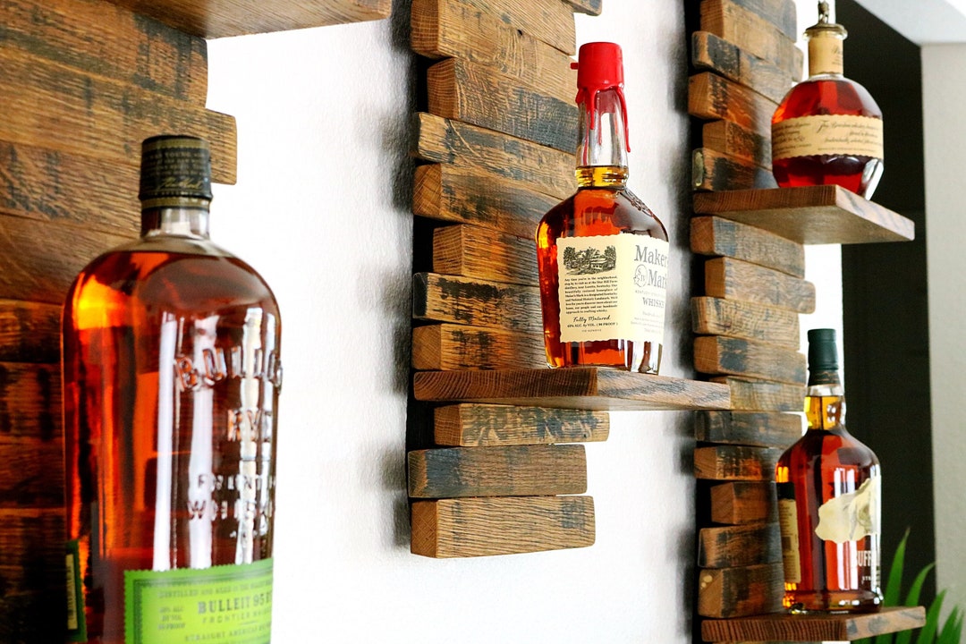Reclaimed Whiskey Barrel Shelves: Bourbon Bottle Display, Upcycled Oak ...
