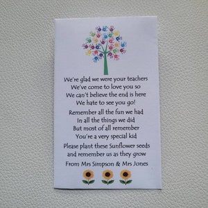 Sunflower Seed Packet Envelope Gift From Teacher to Student Pupil End ...