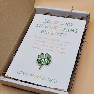Personalised Good Luck in Your Exams Card and 4 Leaf Clover Gift ...