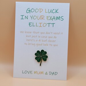 Personalised Good Luck in Your Exams Card and 4 Leaf Clover Gift ...