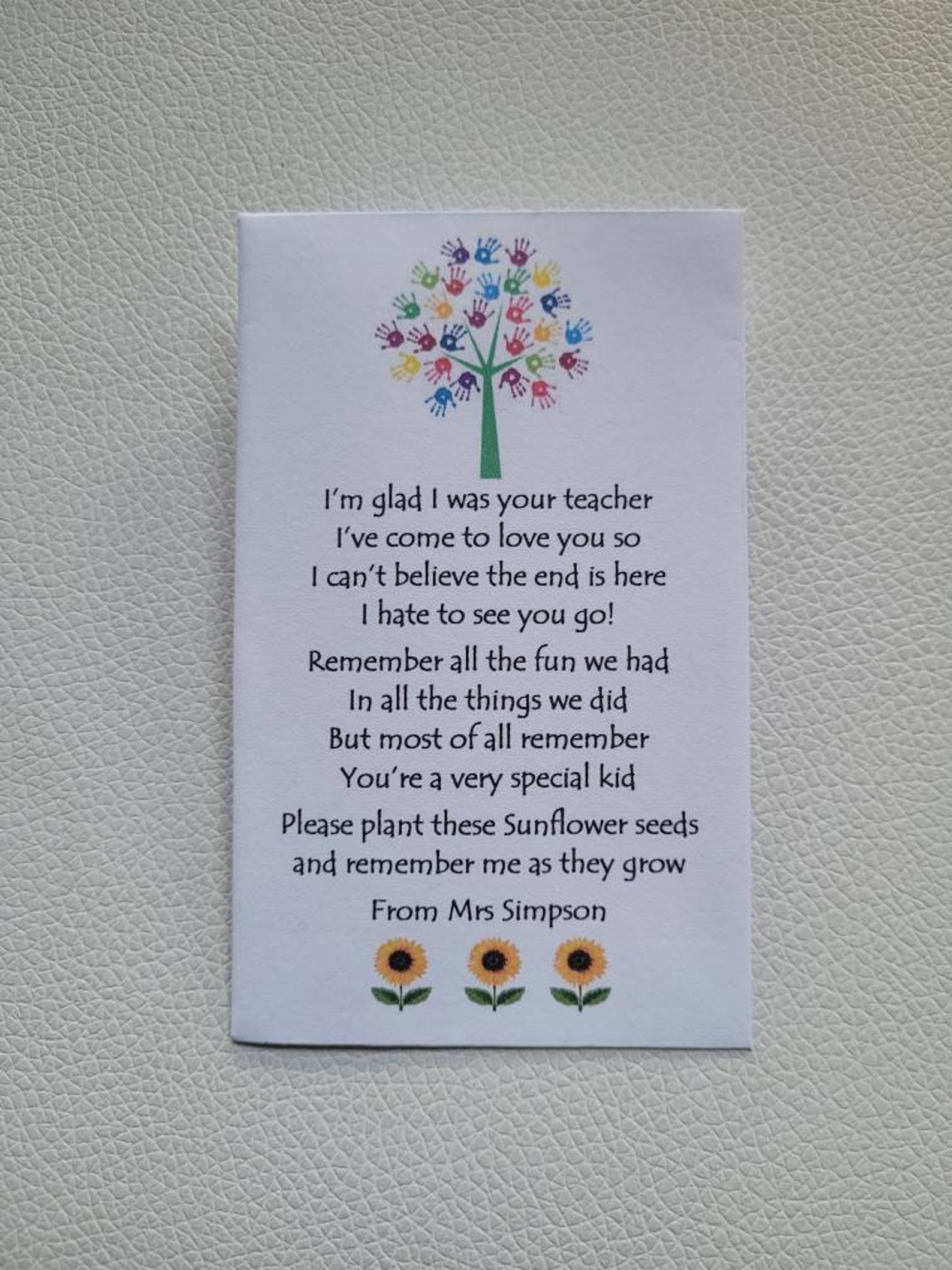 Sunflower Seed Packet Envelope Gift From Teacher to Student Pupil End ...