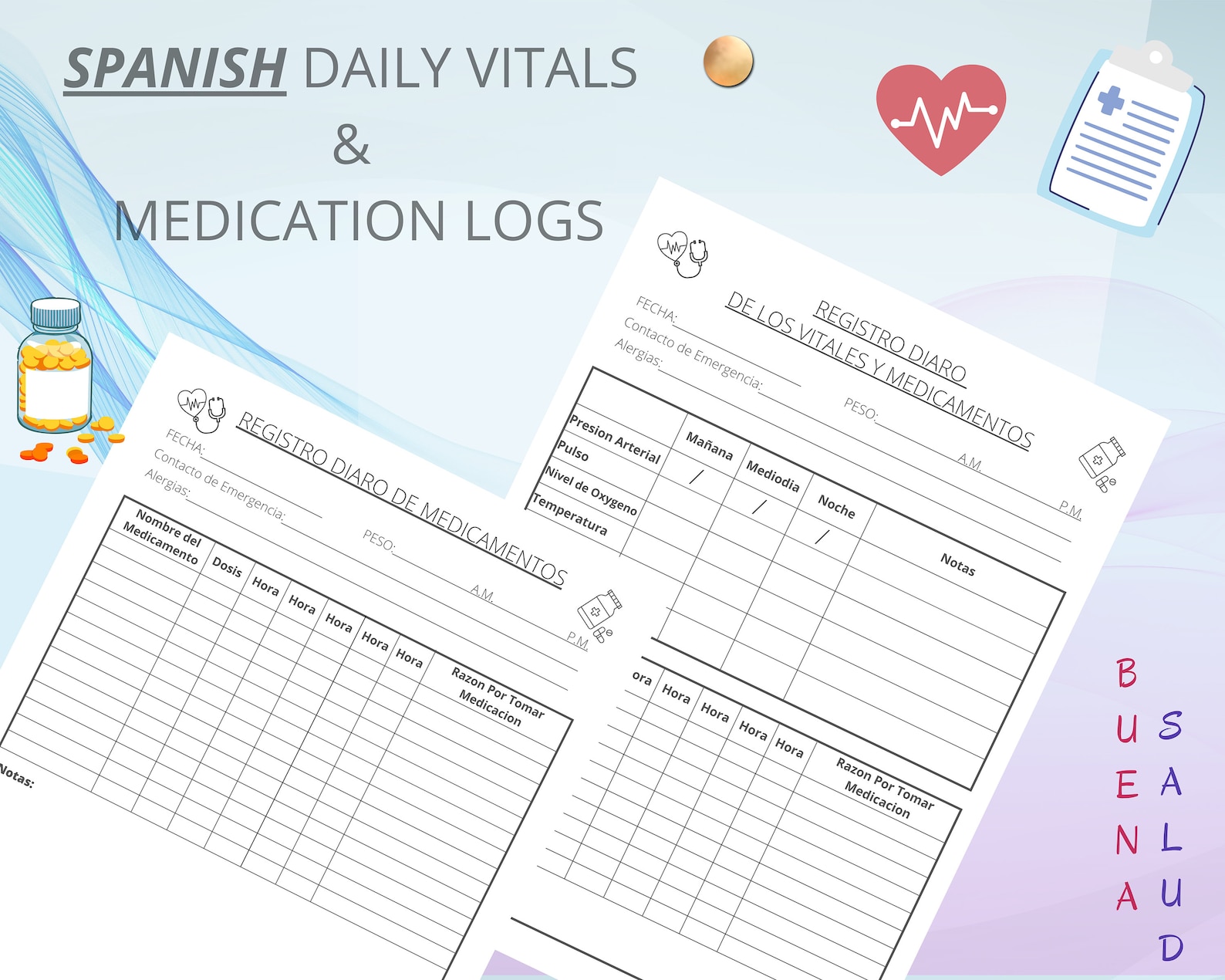 Printable Vital Signs and Medication Tracker SPANISH - Letter Size ...