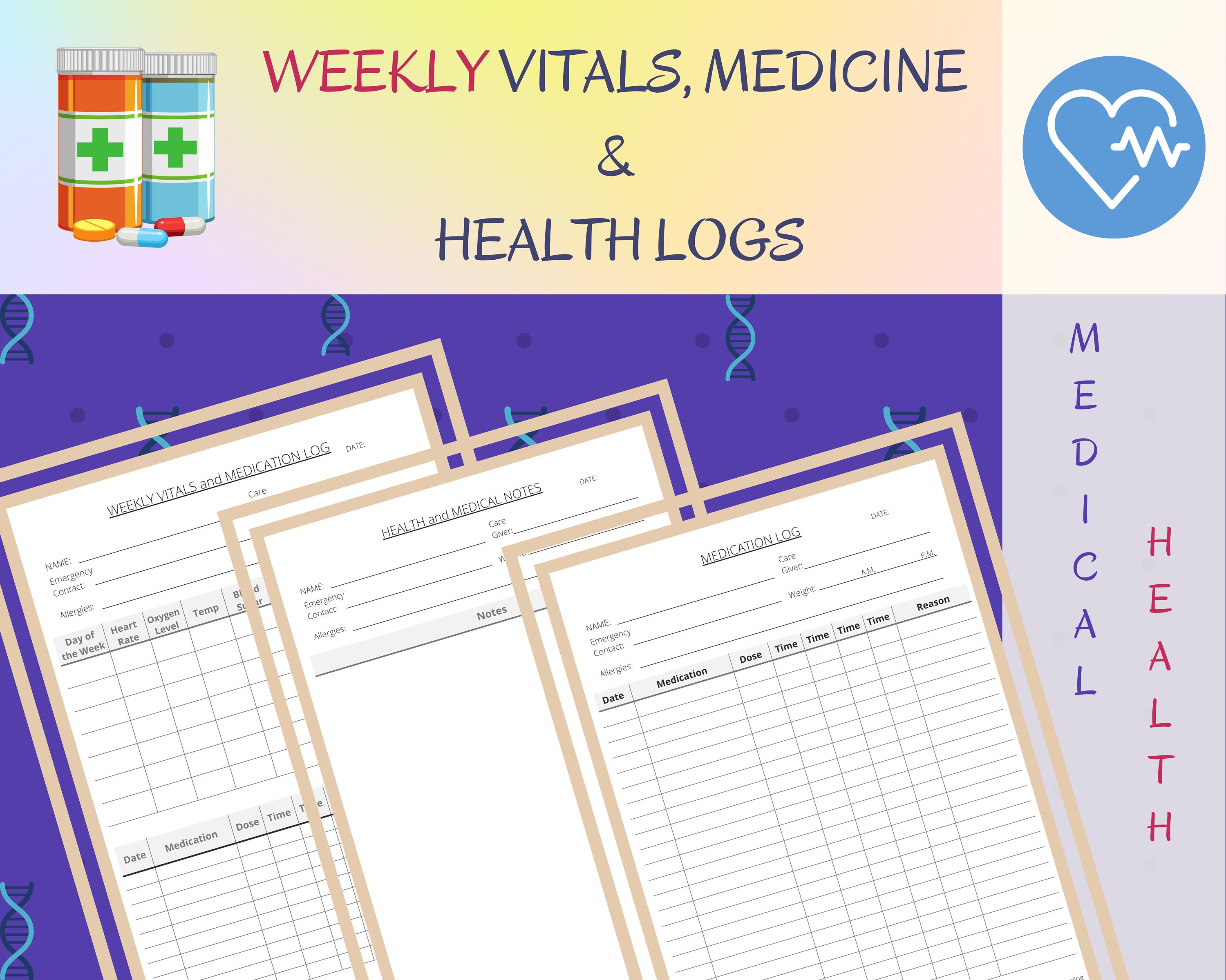 Printable Weekly Vital Signs Log, Medication Tracker, Health Note Sheet ...