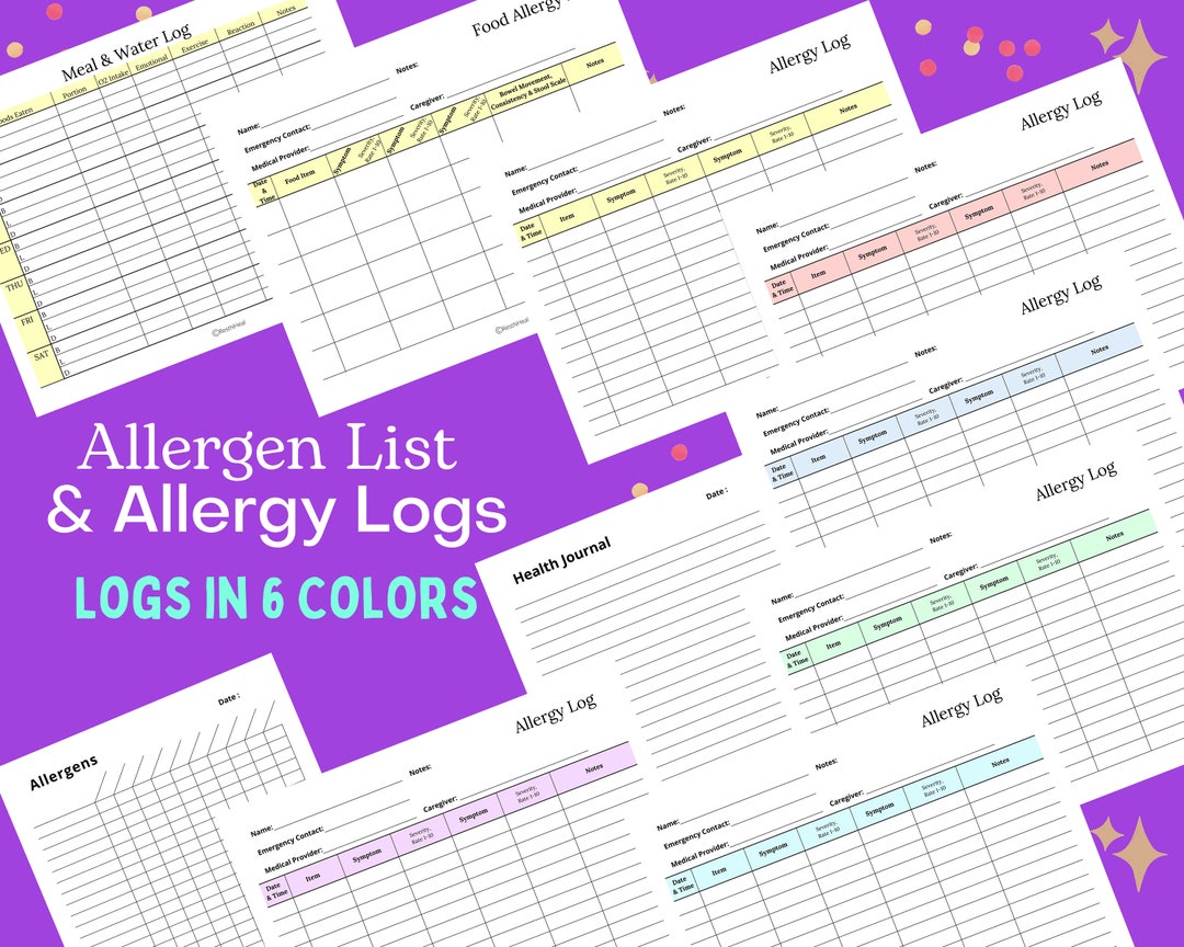 Printable Allergy Tracker, Food Symptom Tracker, Allergen List, Health ...