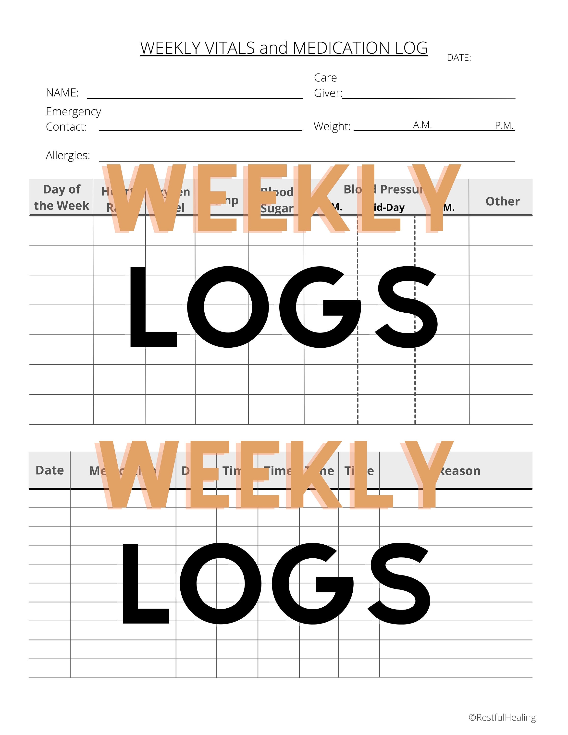 Printable Weekly Vital Signs Log, Medication Tracker, Health Note Sheet ...