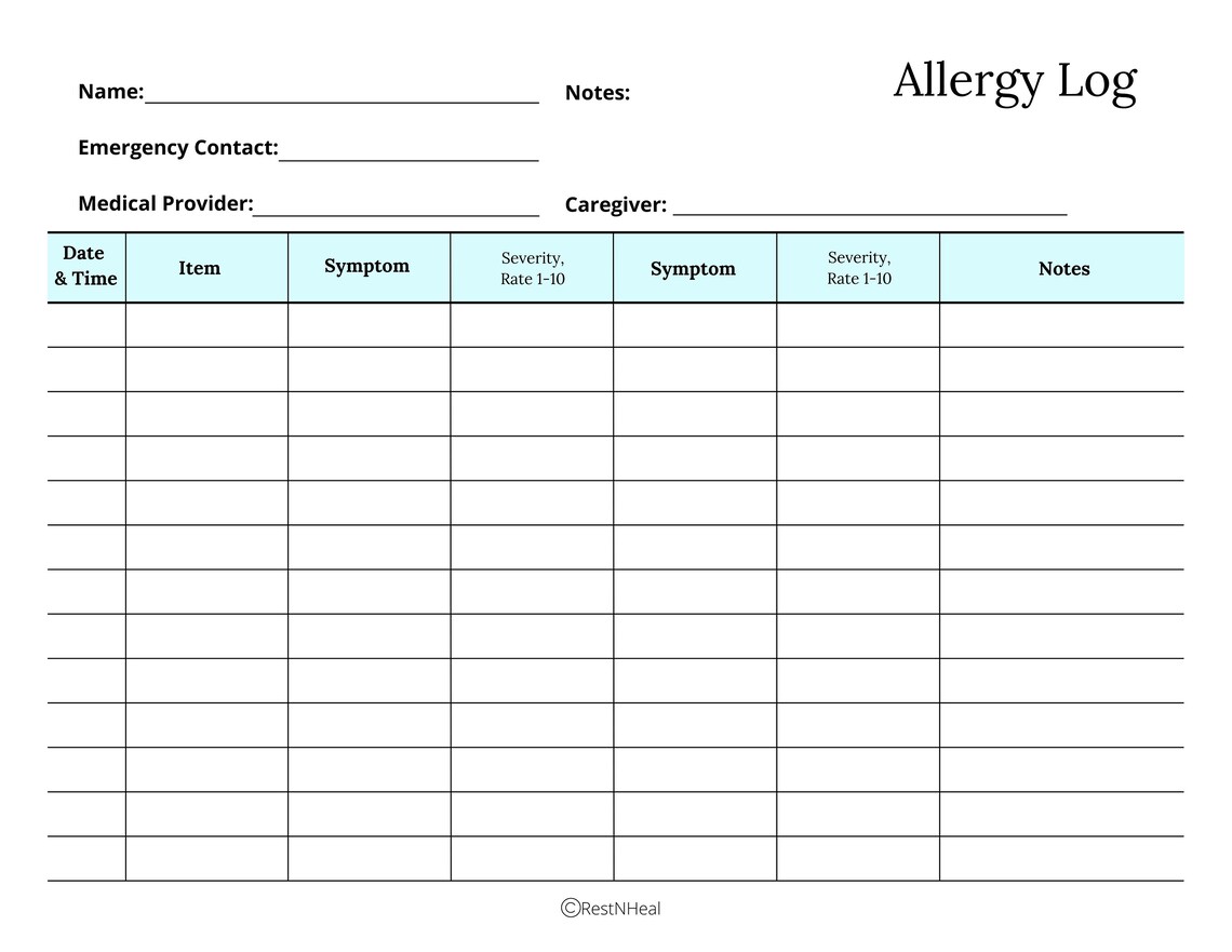 Printable Allergy Tracker, Food Symptom Tracker, Allergen List, Health ...