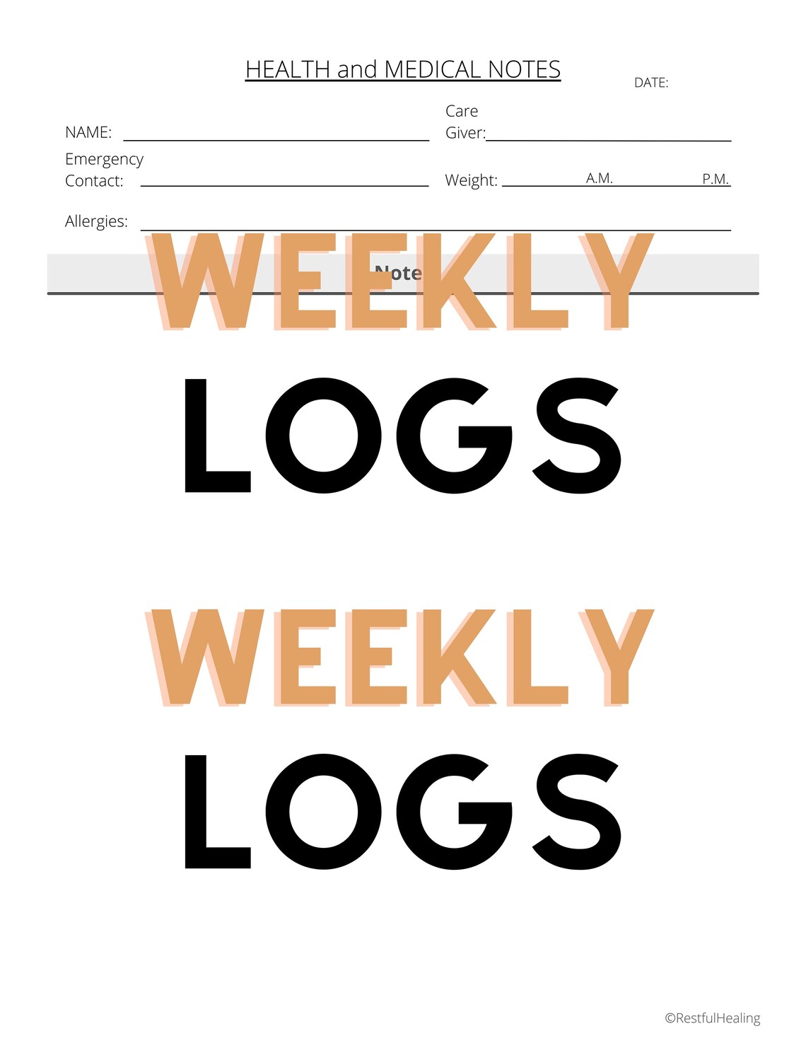 Printable Weekly Vital Signs Log, Medication Tracker, Health Note Sheet ...
