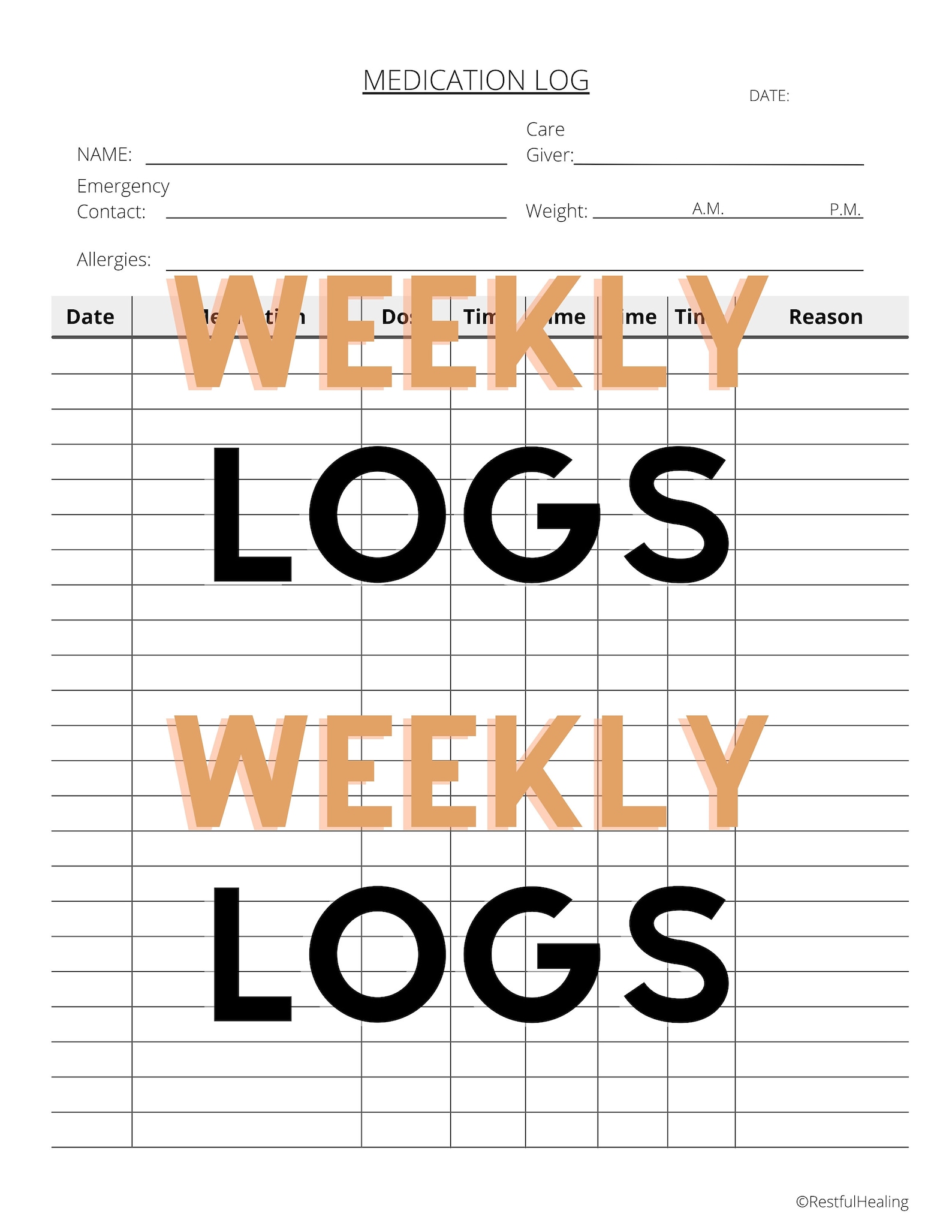 Printable Weekly Vital Signs Log, Medication Tracker, Health Note Sheet ...