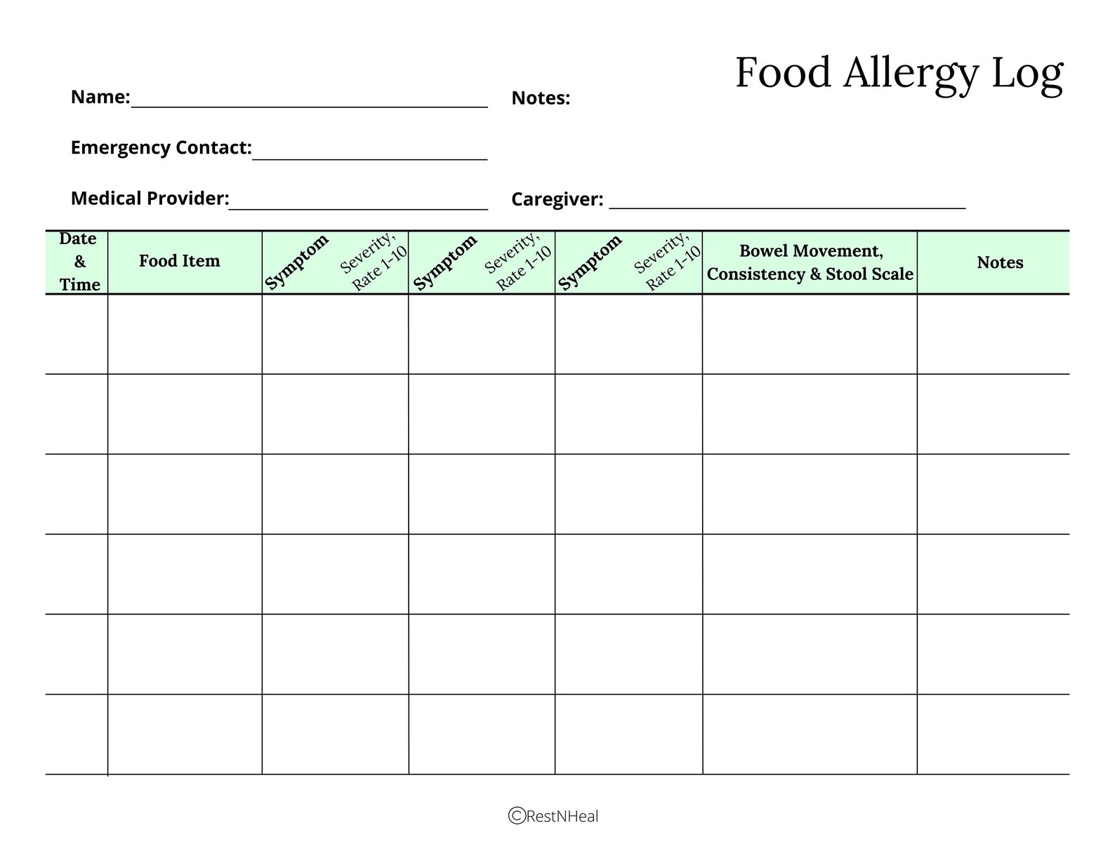 Printable Allergy Tracker, Food Symptom Tracker, Allergen List, Health ...