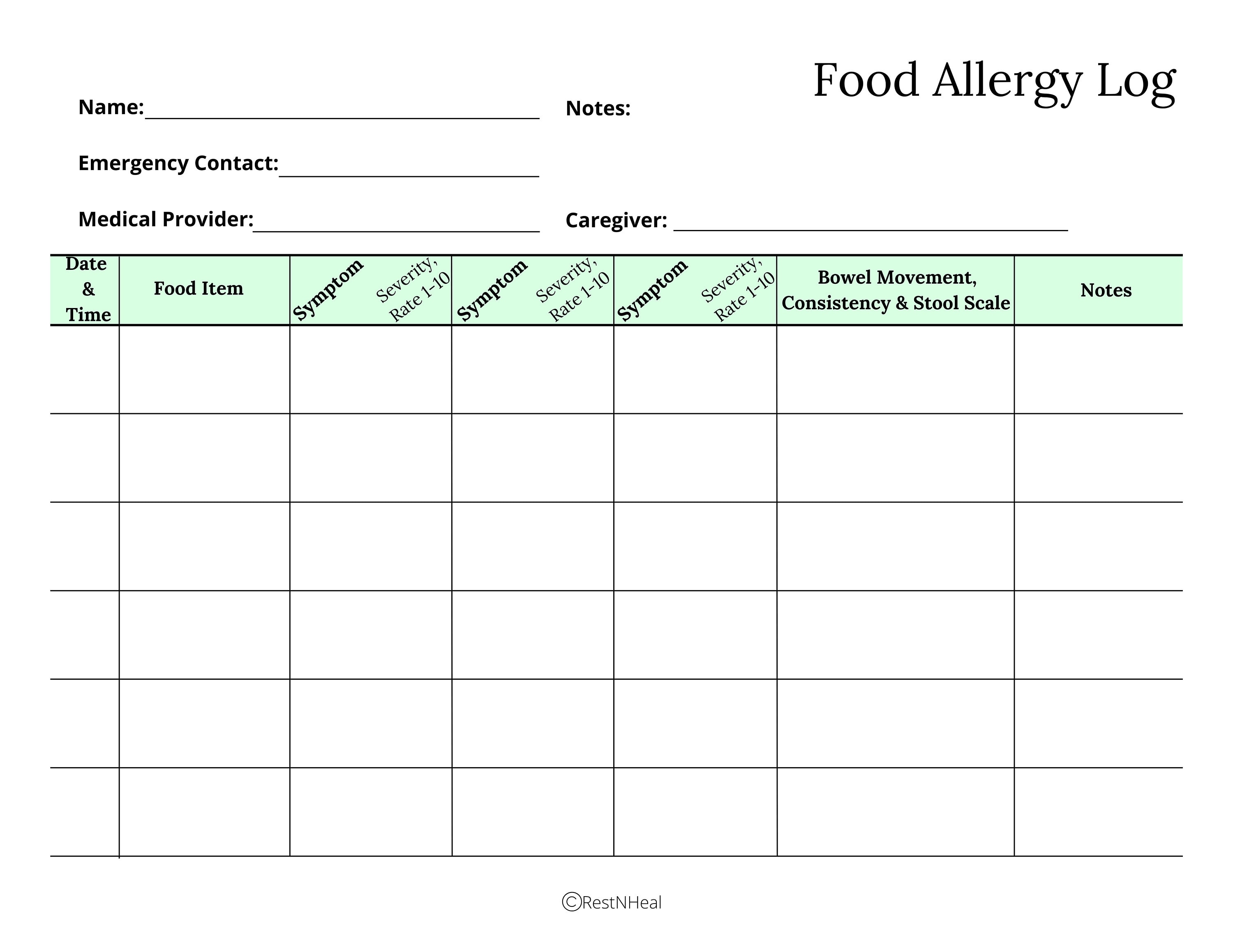 Printable Allergy Tracker, Food Symptom Tracker, Allergen List, Health ...