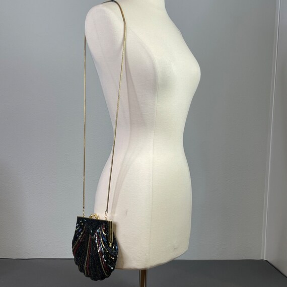 Bechamel Vintage Black Beaded Clamshell Crossbody Bag - Gem