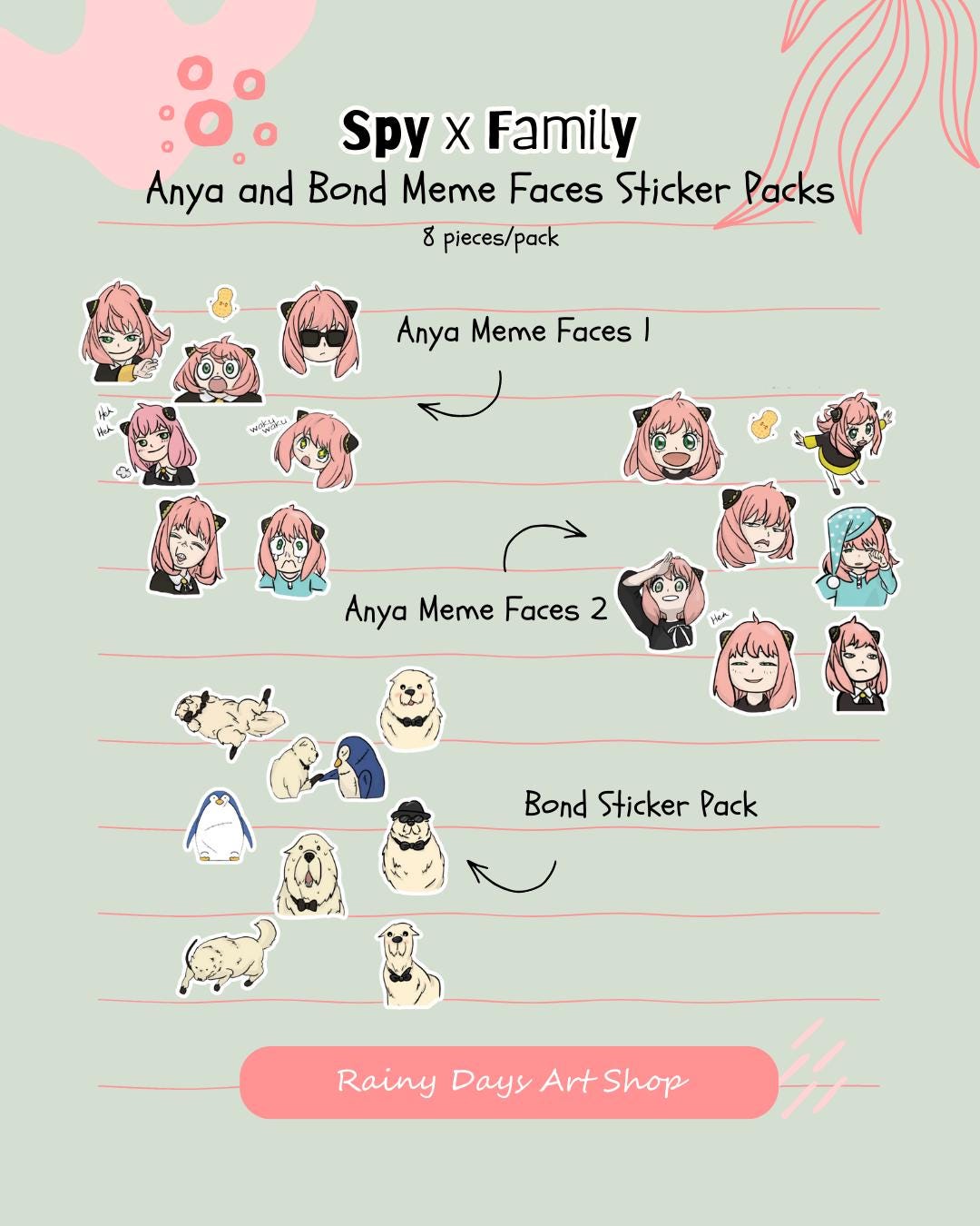 Anya & Bond Meme Faces Stickers | Spy X Family, Matte Vinyl 8-piece ...