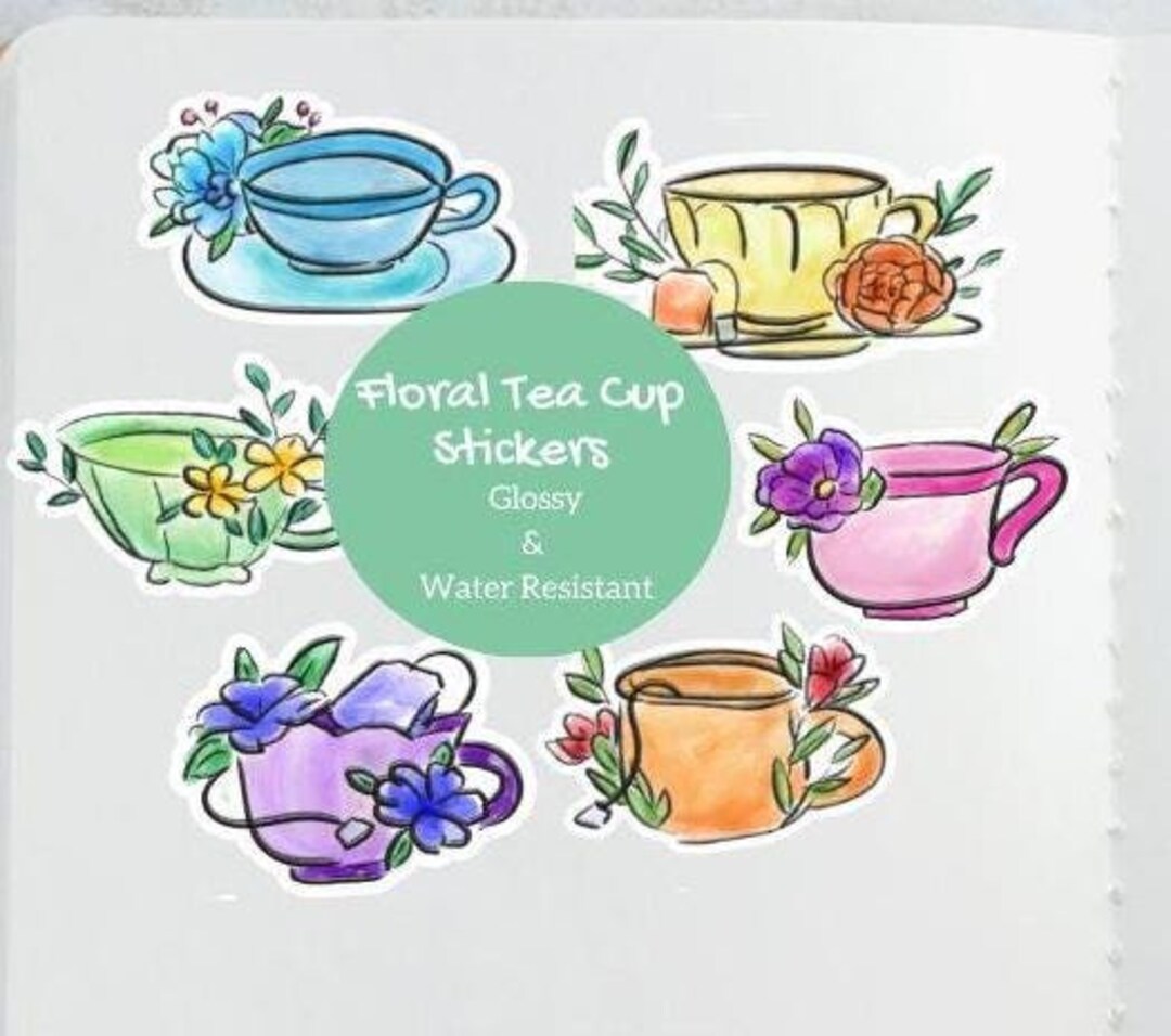 Floral Teacup Stickers | Glossy Water Resistant Stickers - Etsy