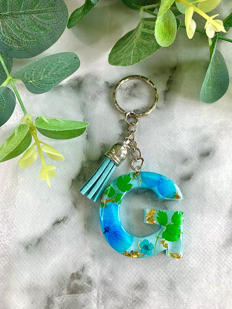 Flower Filled Personalised Letter Keyring Blue Tones // Name, Initial ...