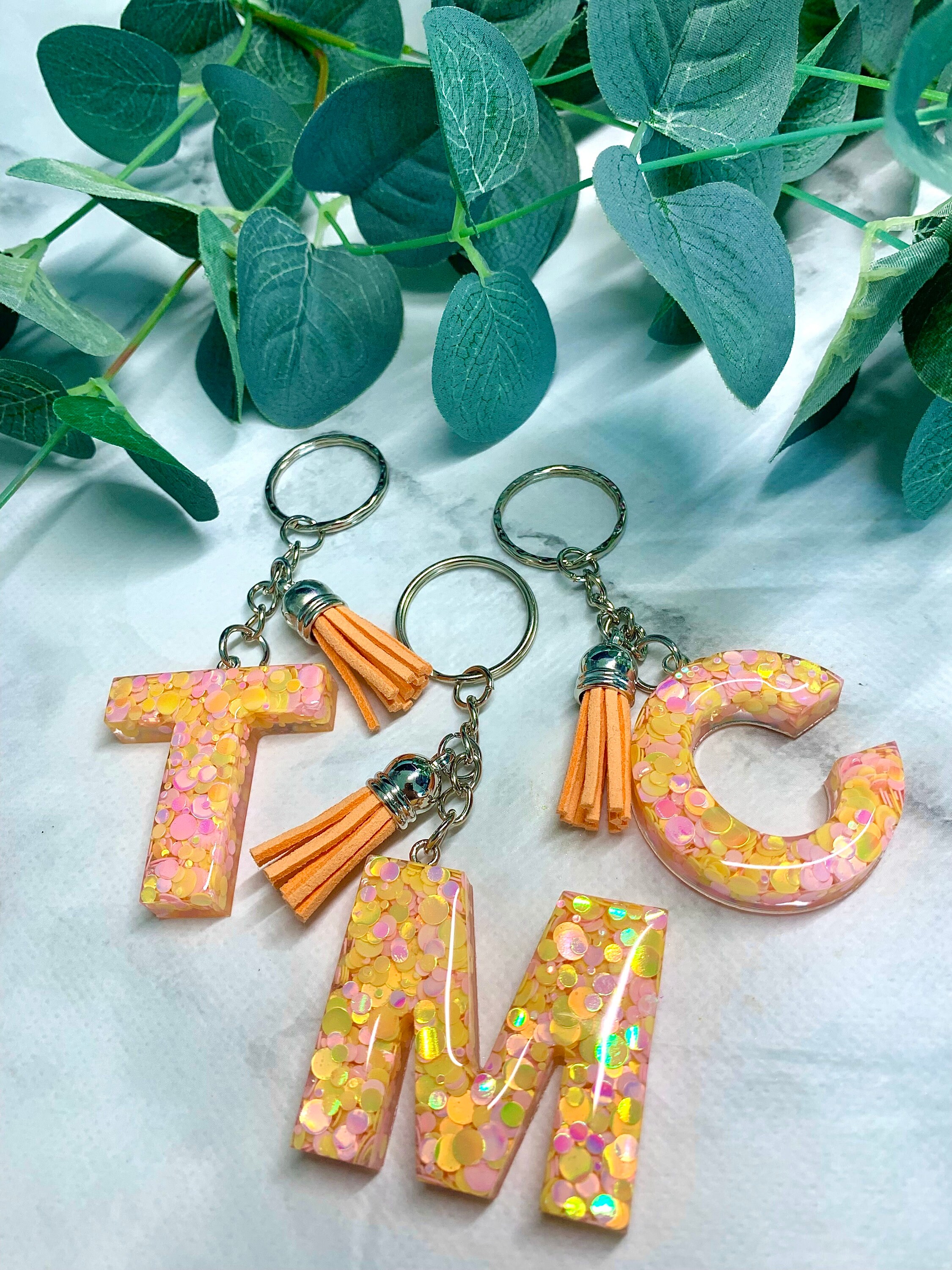 Yellow and Pink Confetti Initial Keyring // Personalised Keychain, Name ...