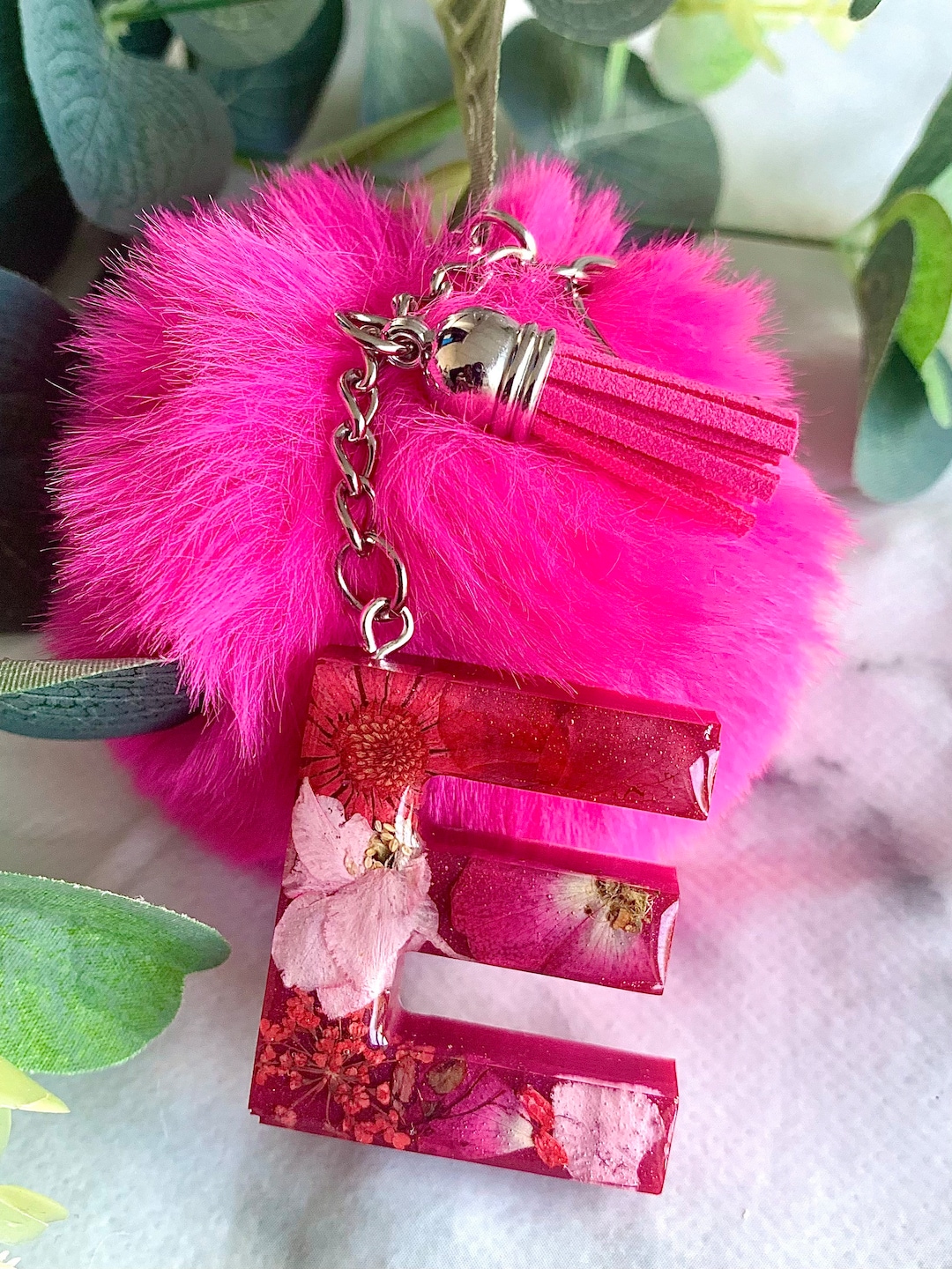 Pink Flower Filled Personalised Letter Initial Keyring/keychain With ...