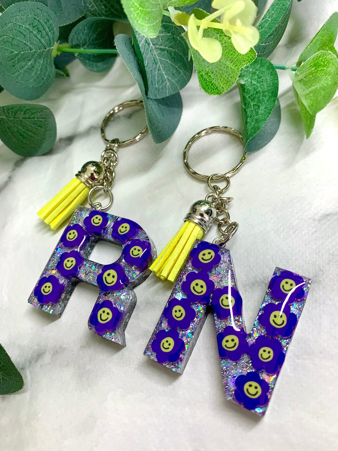 Flower Happy Faces Themed Personalised Initial Keyring // Custom Made ...