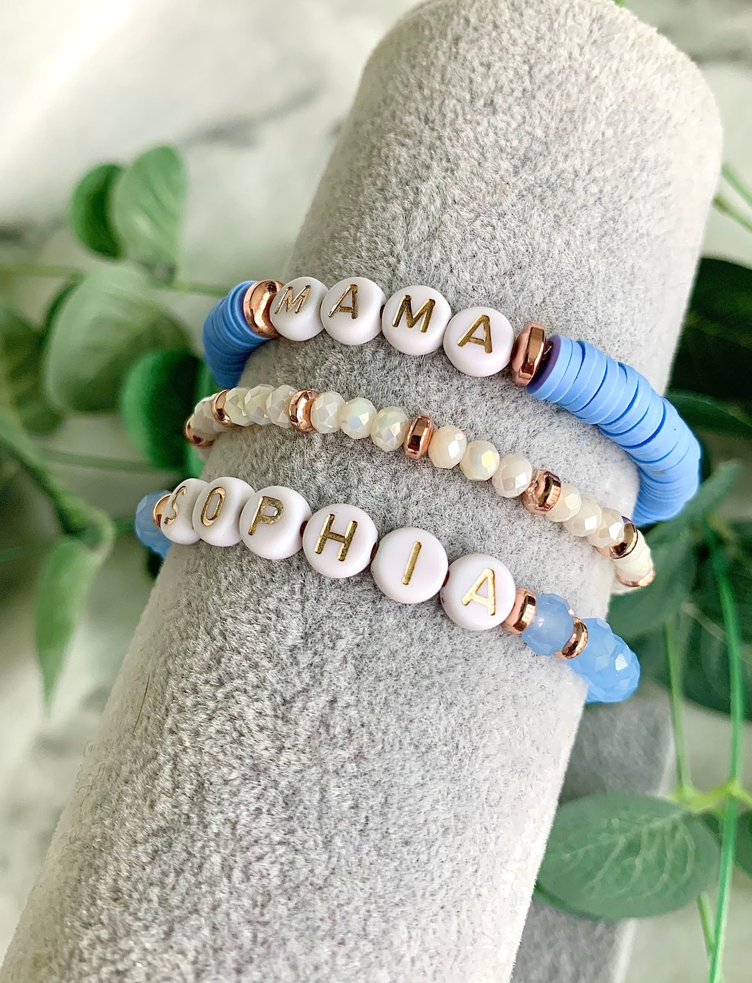Personalised Name Mama Heishi Bracelet Stacking Set // Pale Blue and ...