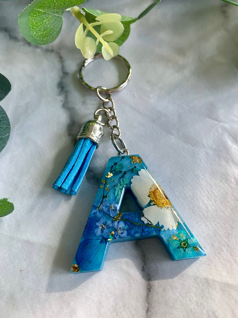 Flower Filled Personalised Letter Keyring Blue Tones // Name, Initial ...