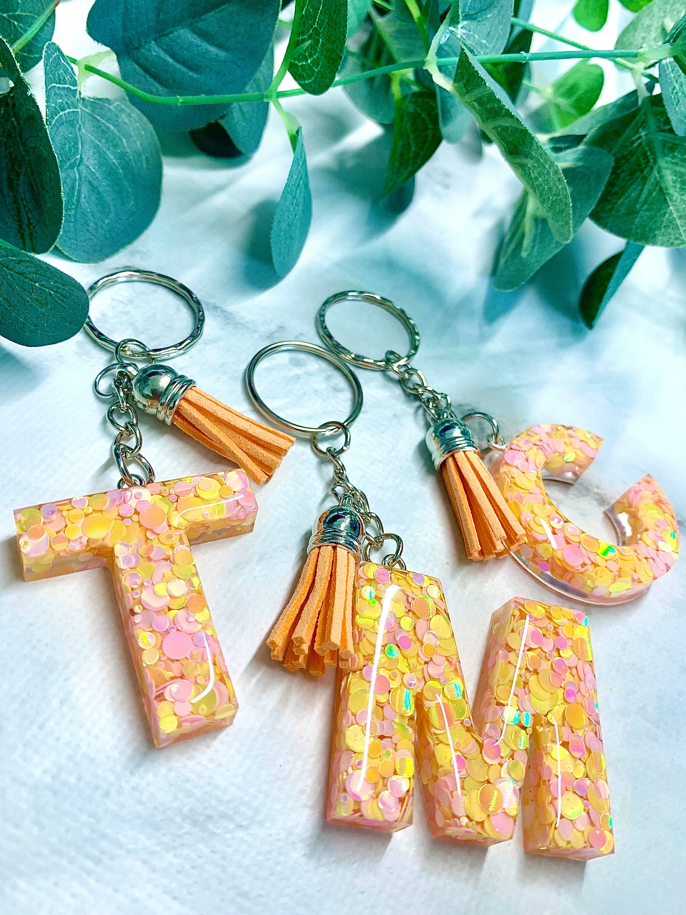 Yellow and Pink Confetti Initial Keyring // Personalised Keychain, Name ...