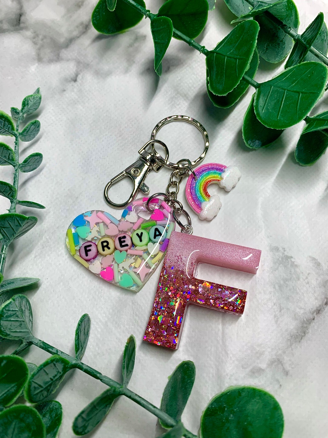Personalised Name Initial Keyring/bag Charm //rainbow & Sprinkles Pink ...