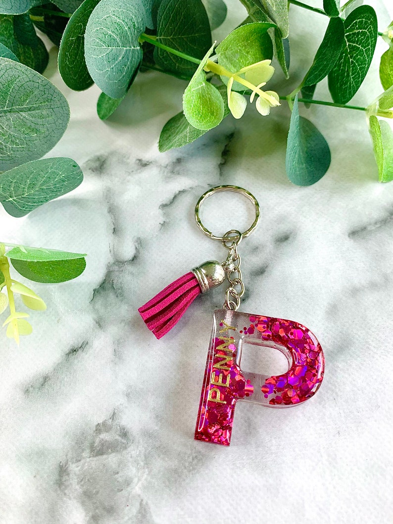 Personalised Pink Glitter Letter Keyring Keychain With Gold Name ...