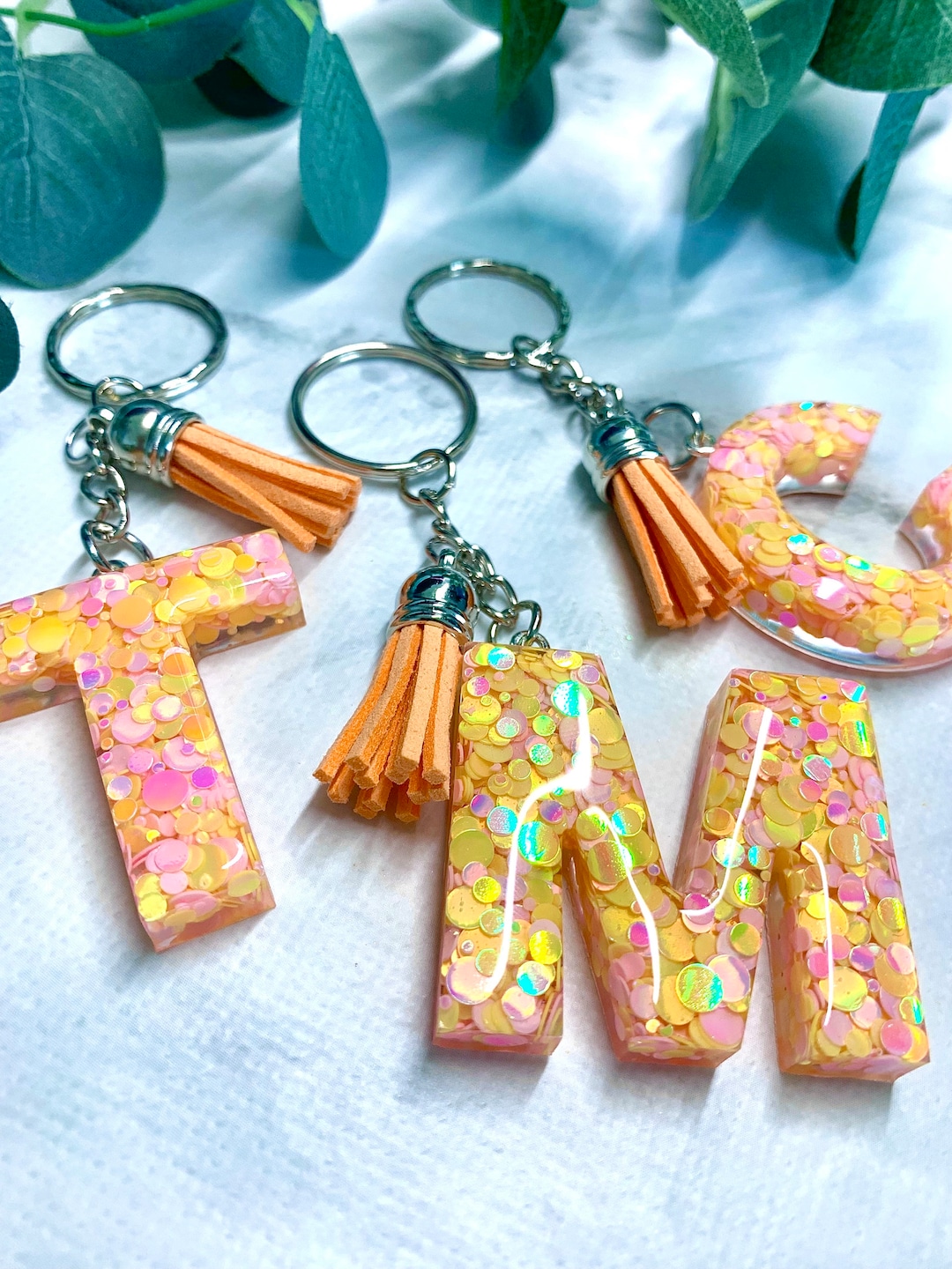 Yellow and Pink Confetti Initial Keyring // Personalised Keychain, Name ...