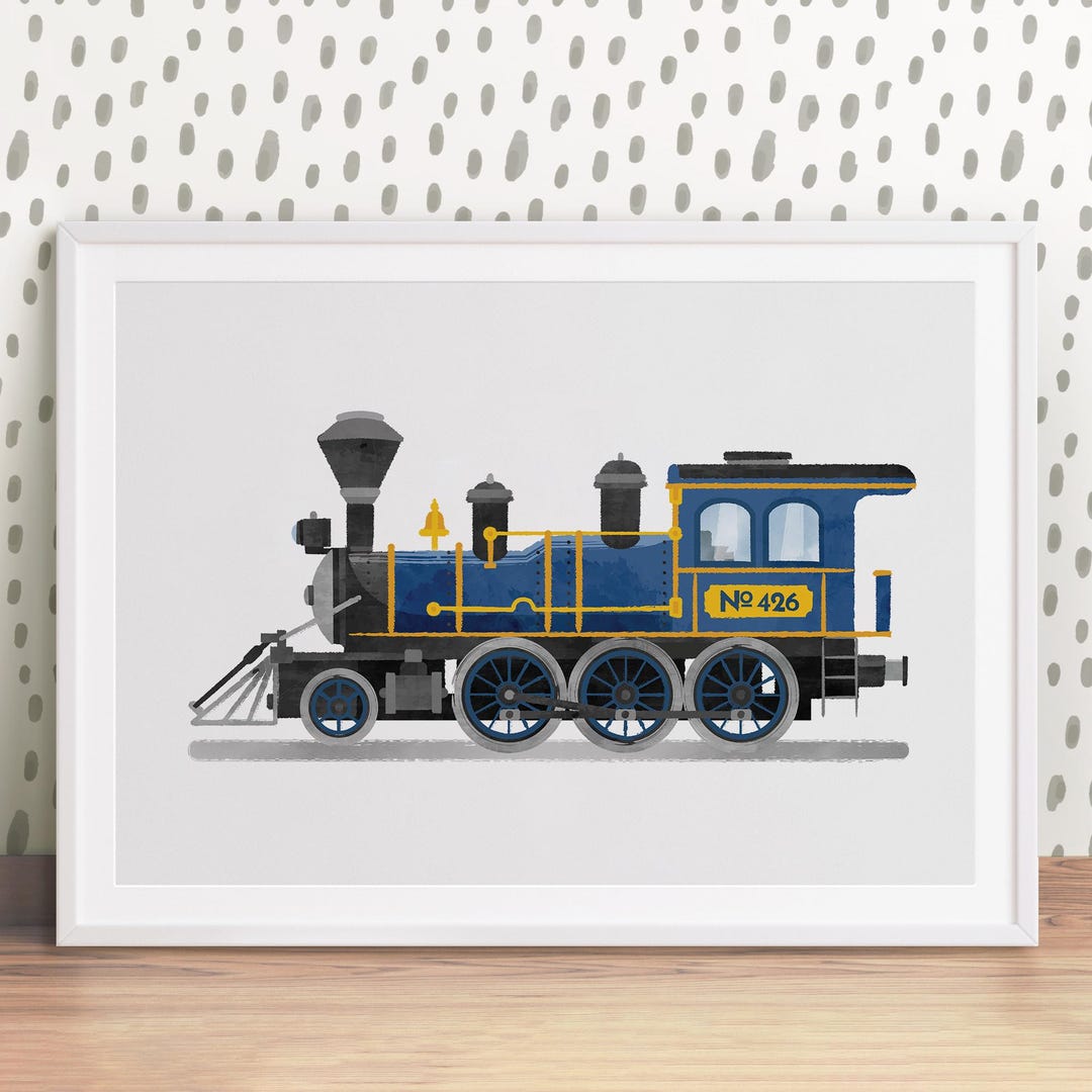 Blue Locomotive Print, Train Printable Decor, Railroad Art, Steam ...