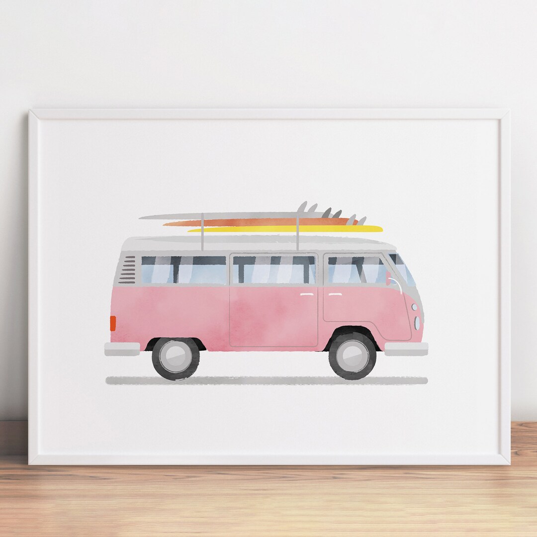 Pink Vintage Van Print, Classic Car Art, Surf Print, Transportation Art ...