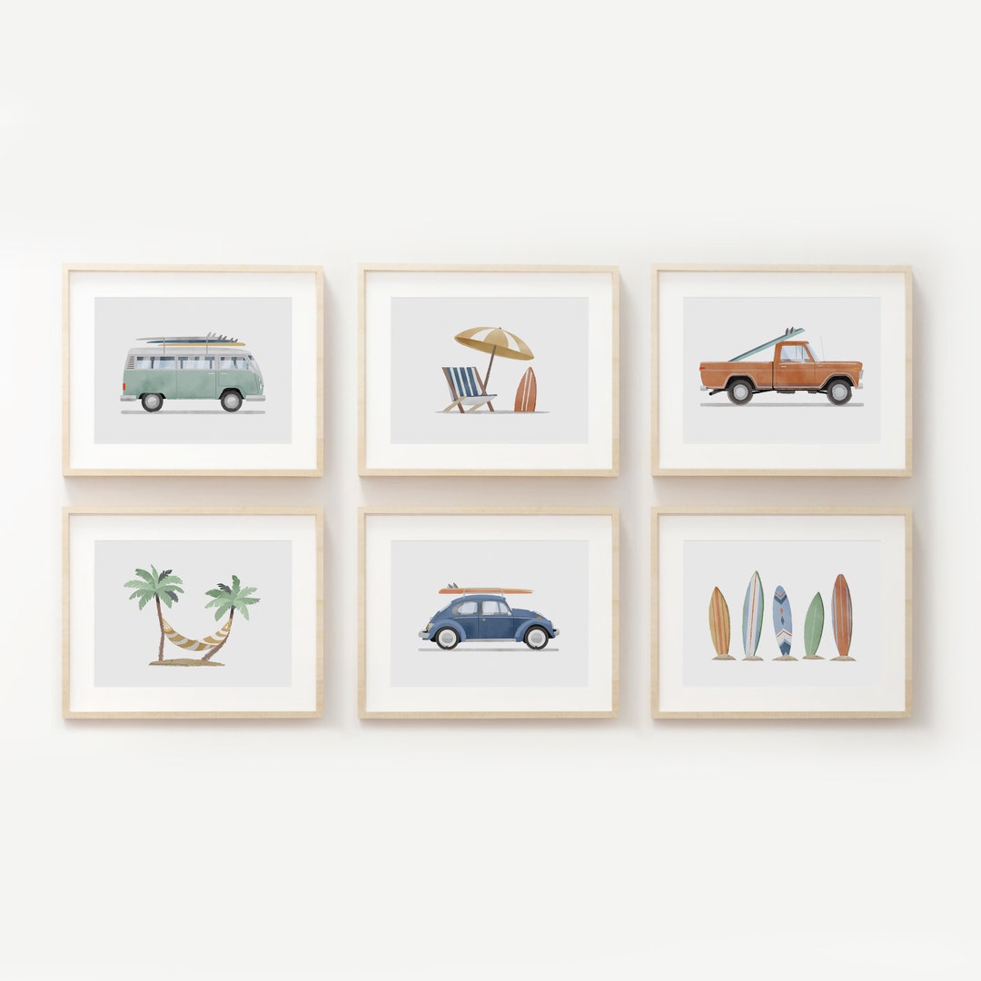Set of 6 Vintage Vehicle Surf Art Prints, Boys Room Decor, Retro Car ...