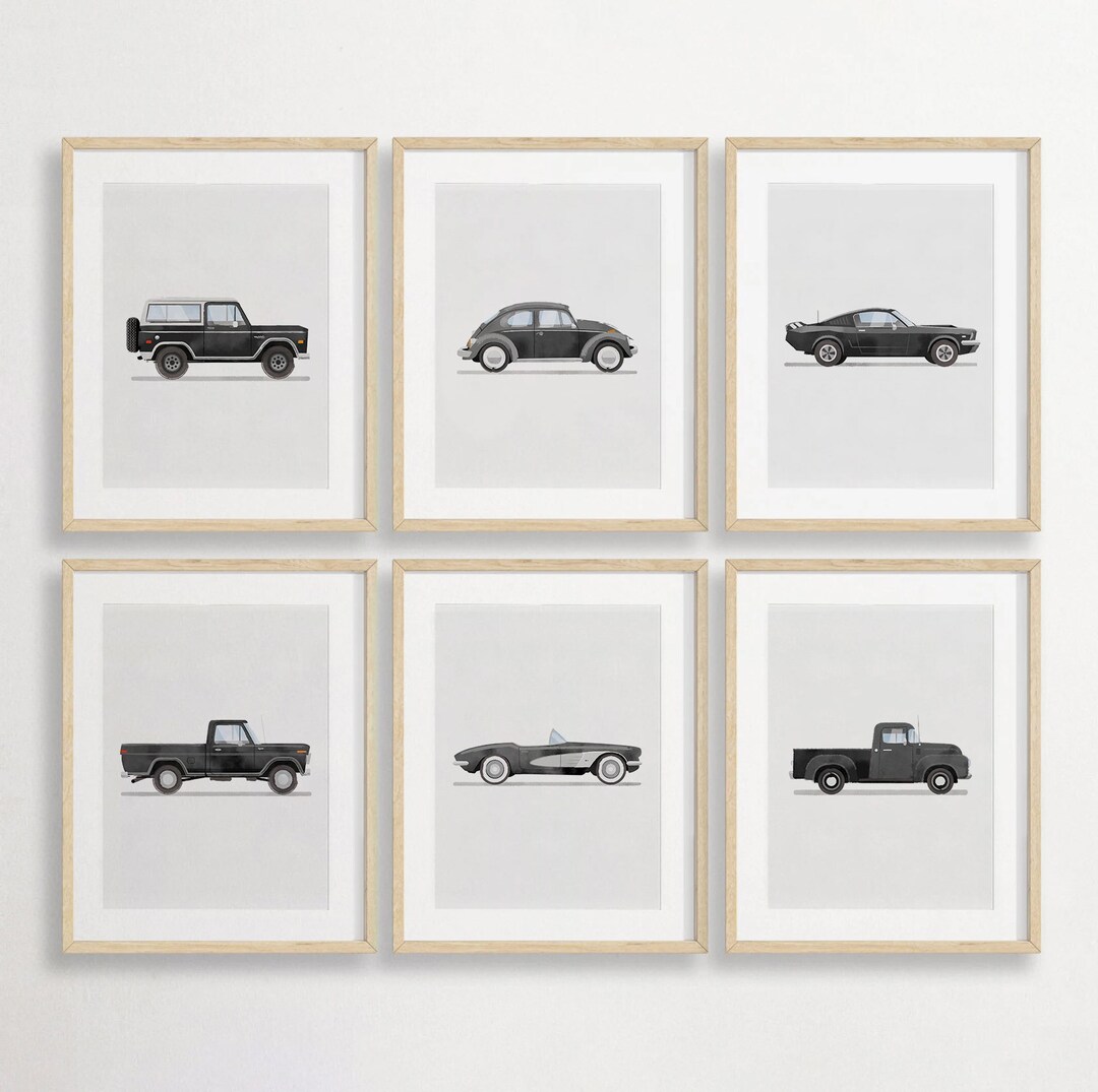 Set of 6 Vintage Black Vehicle Prints, Vertical Prints, Boys Room Decor ...