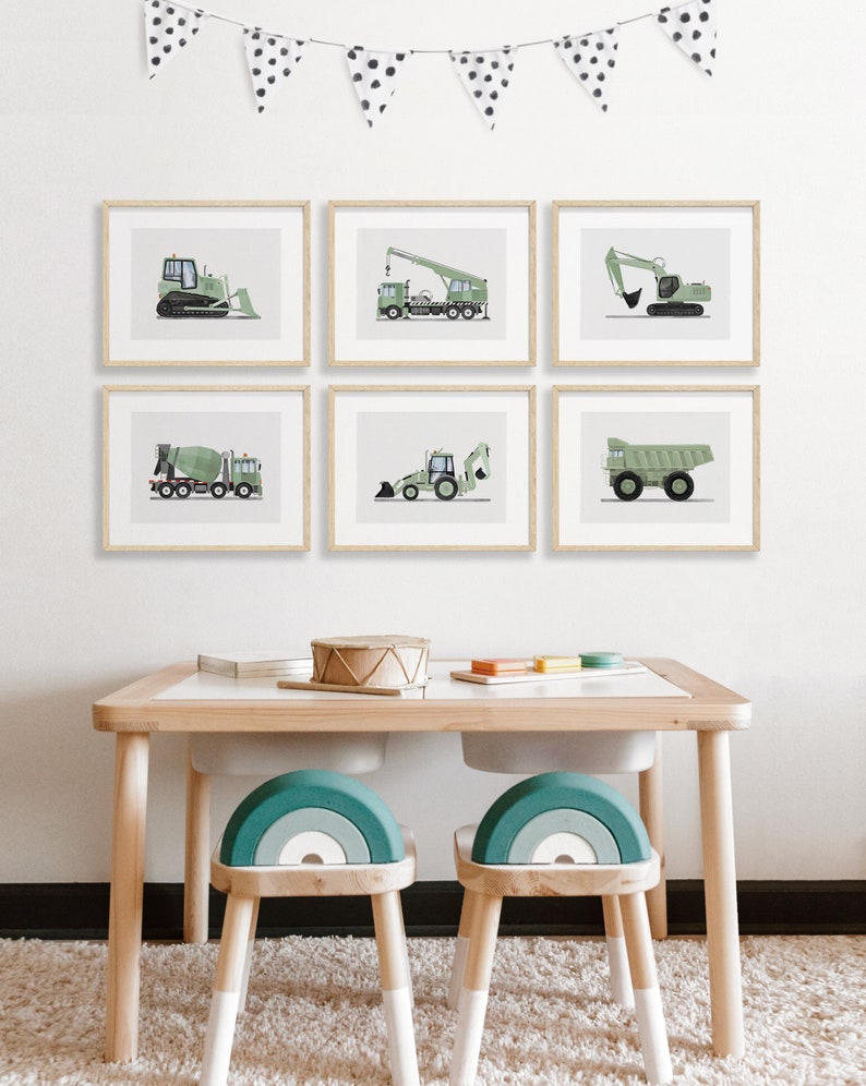 Set of 6 Sage Green Construction Vehicle Prints, Construction Wall Art ...