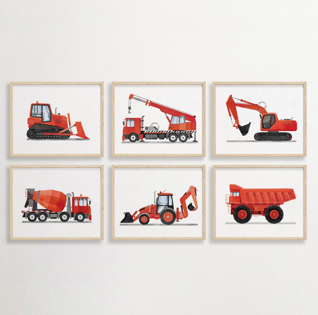 Set of 6 Red Construction Vehicle Prints, Construction Wall Art ...