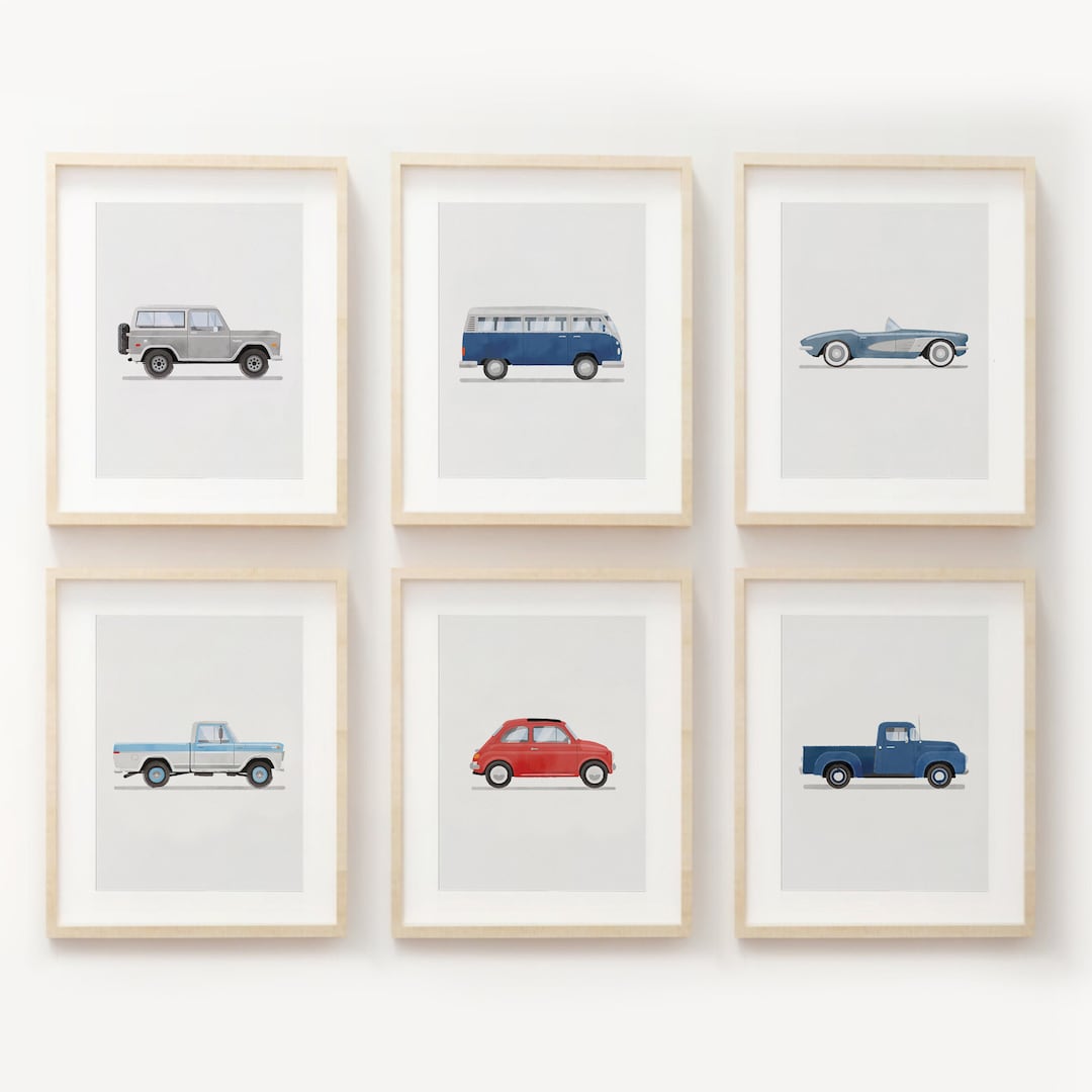 Set of 6 Vintage Vertical Vehicle Prints, Boys Room Decor, Retro Car ...