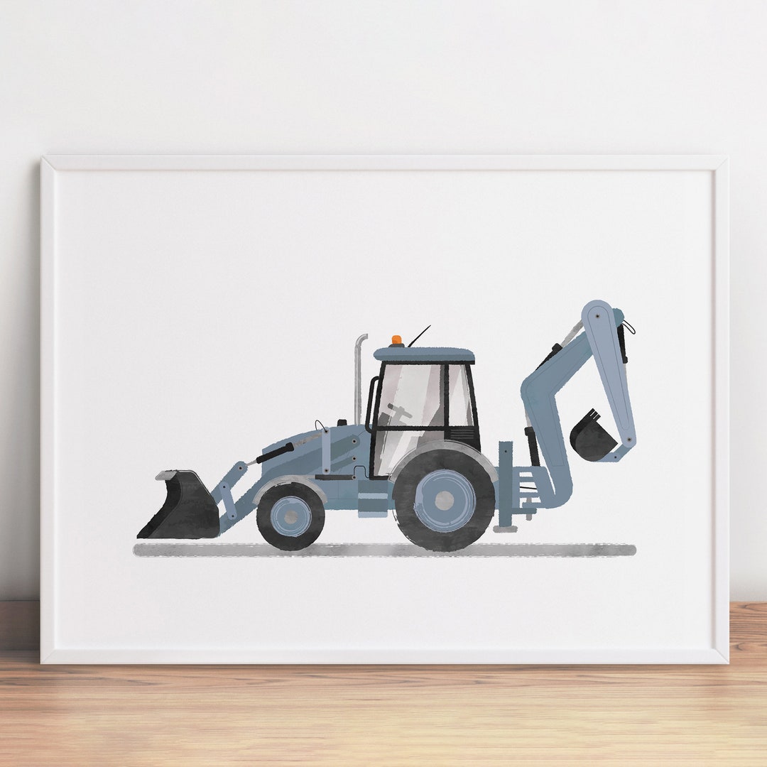 Pale Blue Backhoe Print, Transportation Decor, Digger Art, Kids ...