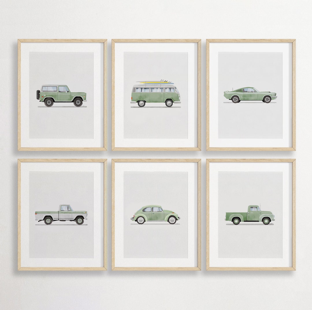 Set of 6 Vintage Sage Green Vehicle Prints, Vertical Prints, Boys Room ...