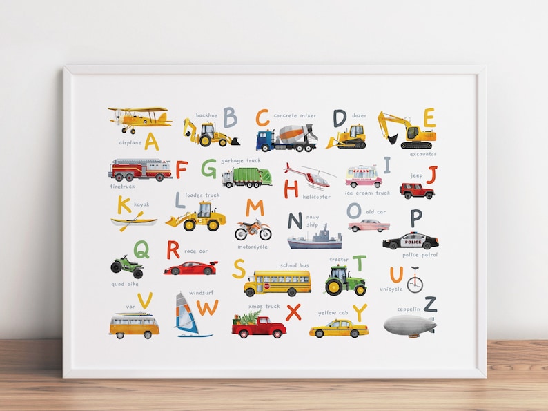 Transportation Alphabet Print Car ABC Vehicle Letters Art - Etsy