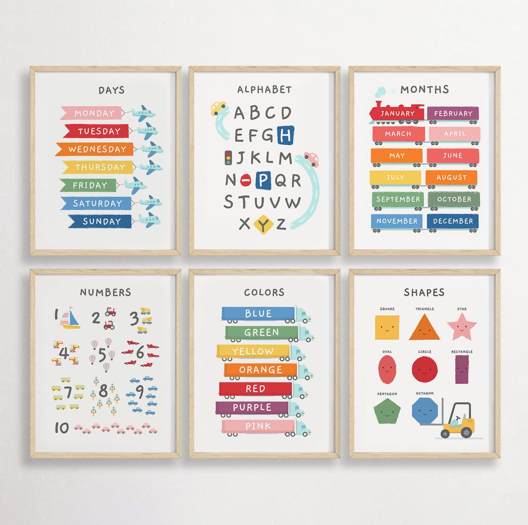 Set of 6 Educational Vehicle Posters, Playroom Learning Prints, Home ...